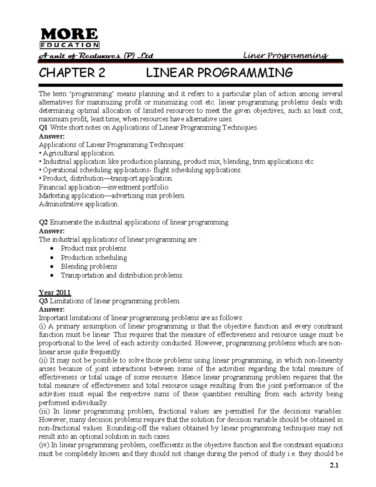 Linear Programming-1 - Bnn - CHAPTER 2 LINEAR PROGRAMMING The term ...