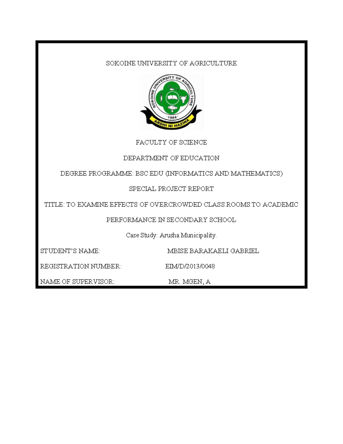 Effects of overcrowded classrooms and ac - SOKOINE UNIVERSITY OF ...