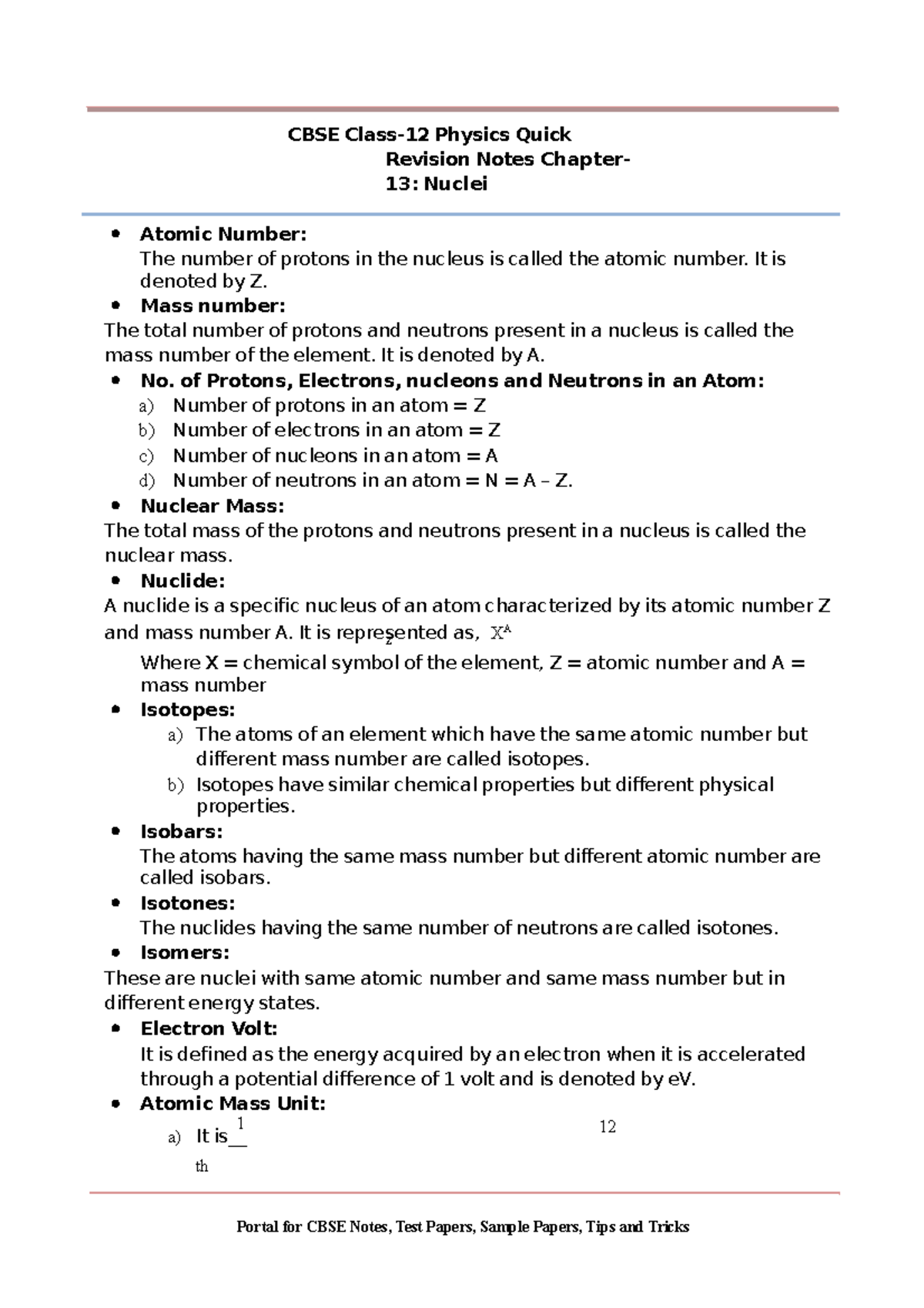 12 physics notes ch13 nuclei - Bishop Ryan CSS - Studocu