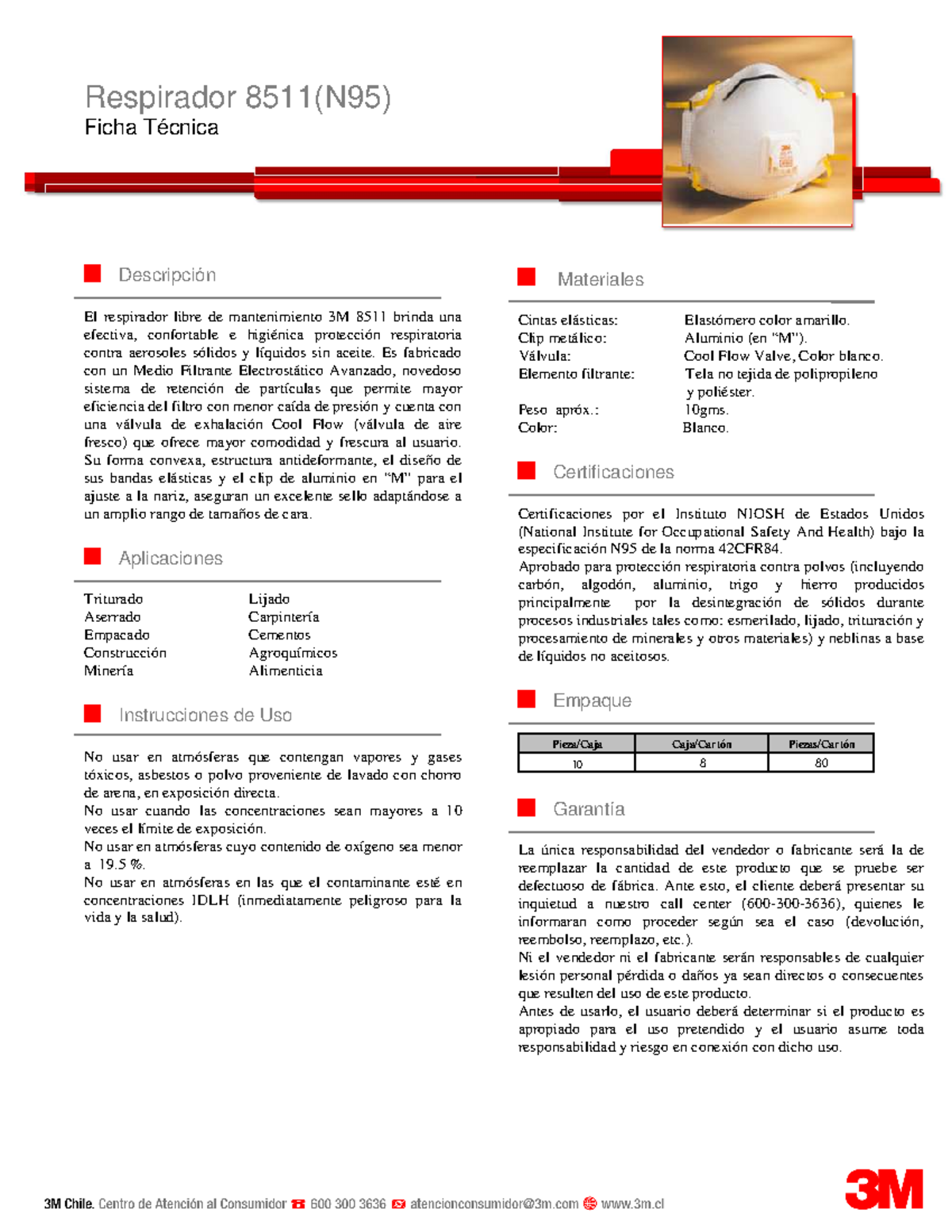 3M Protección Respiratoria Desechable - 8511 - Respirador 8511(N95 ...