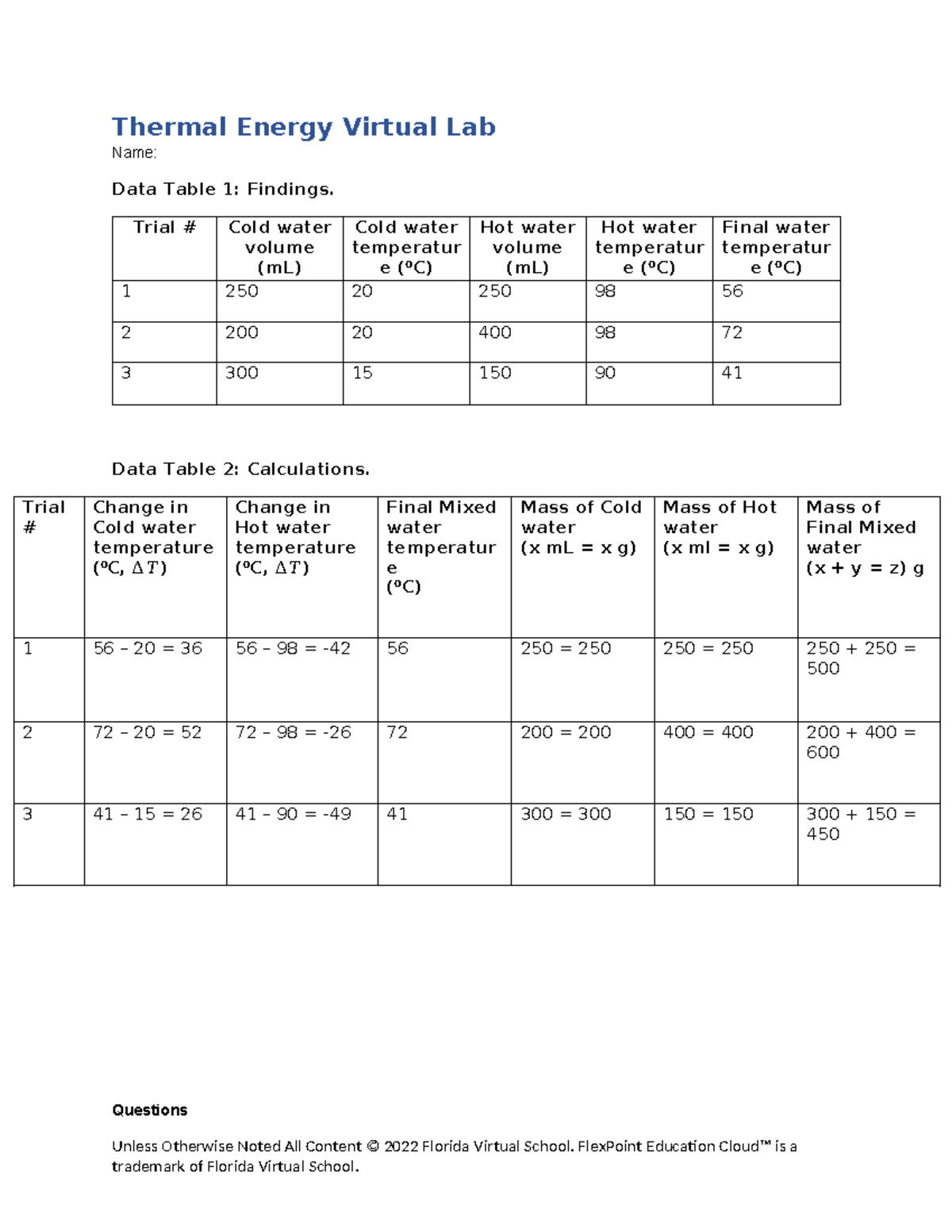 Worksheet 06 04b - Thermal Energy Virtual Lab Name: Data Table 1 ...