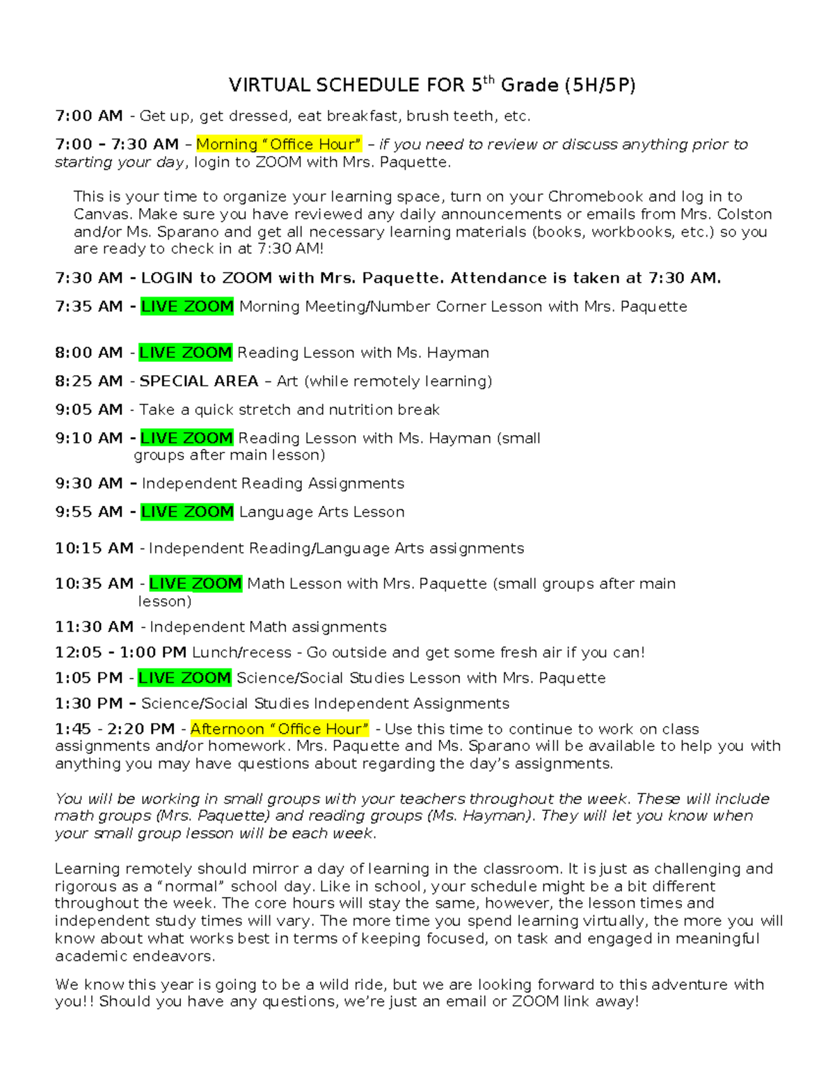 Virtual Schedule 5H & 5P 2020 - VIRTUAL SCHEDULE FOR 5 th Grade (5H/5P ...