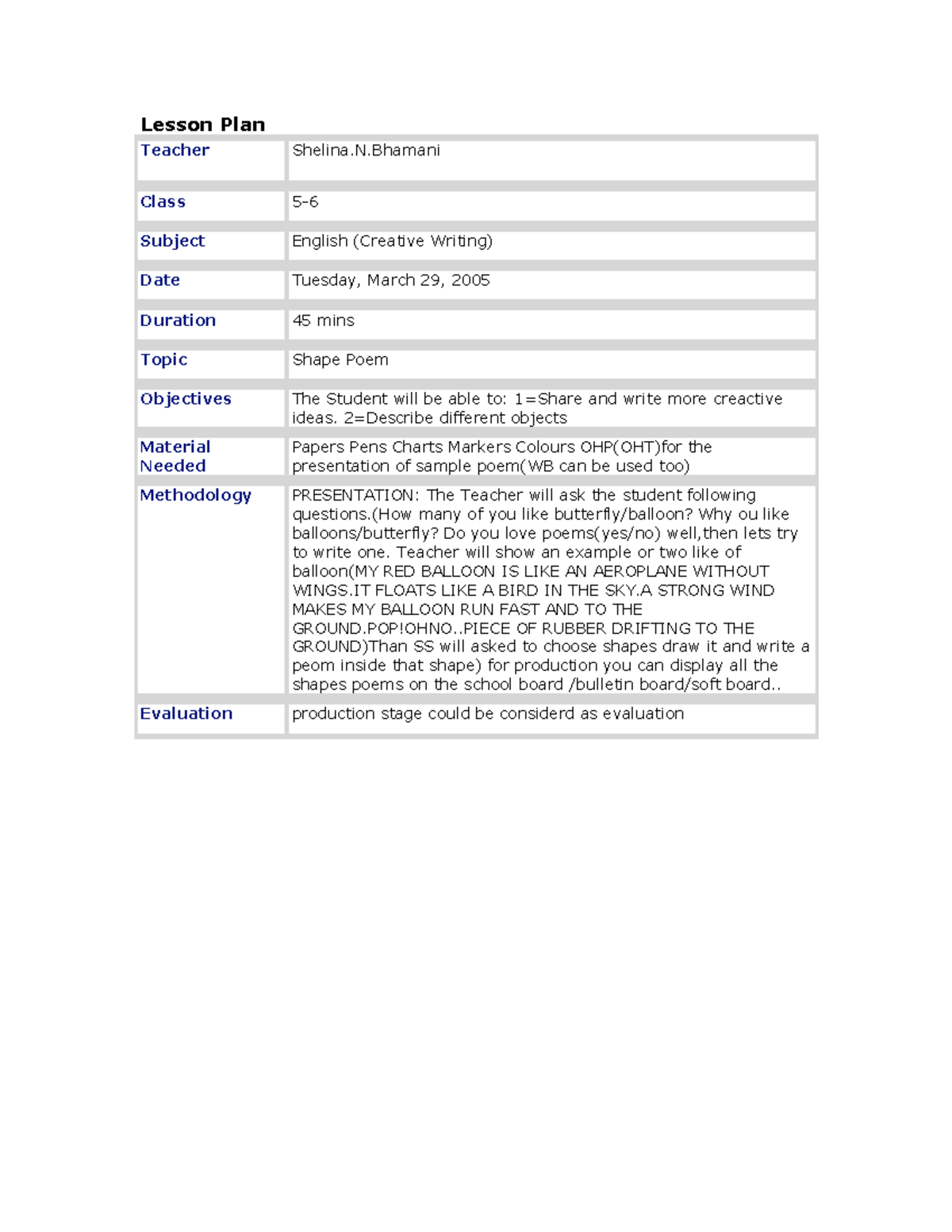 Lesson Plans-1-1 - Teacher Shelina.N Class 5- Subject English (Creative ...