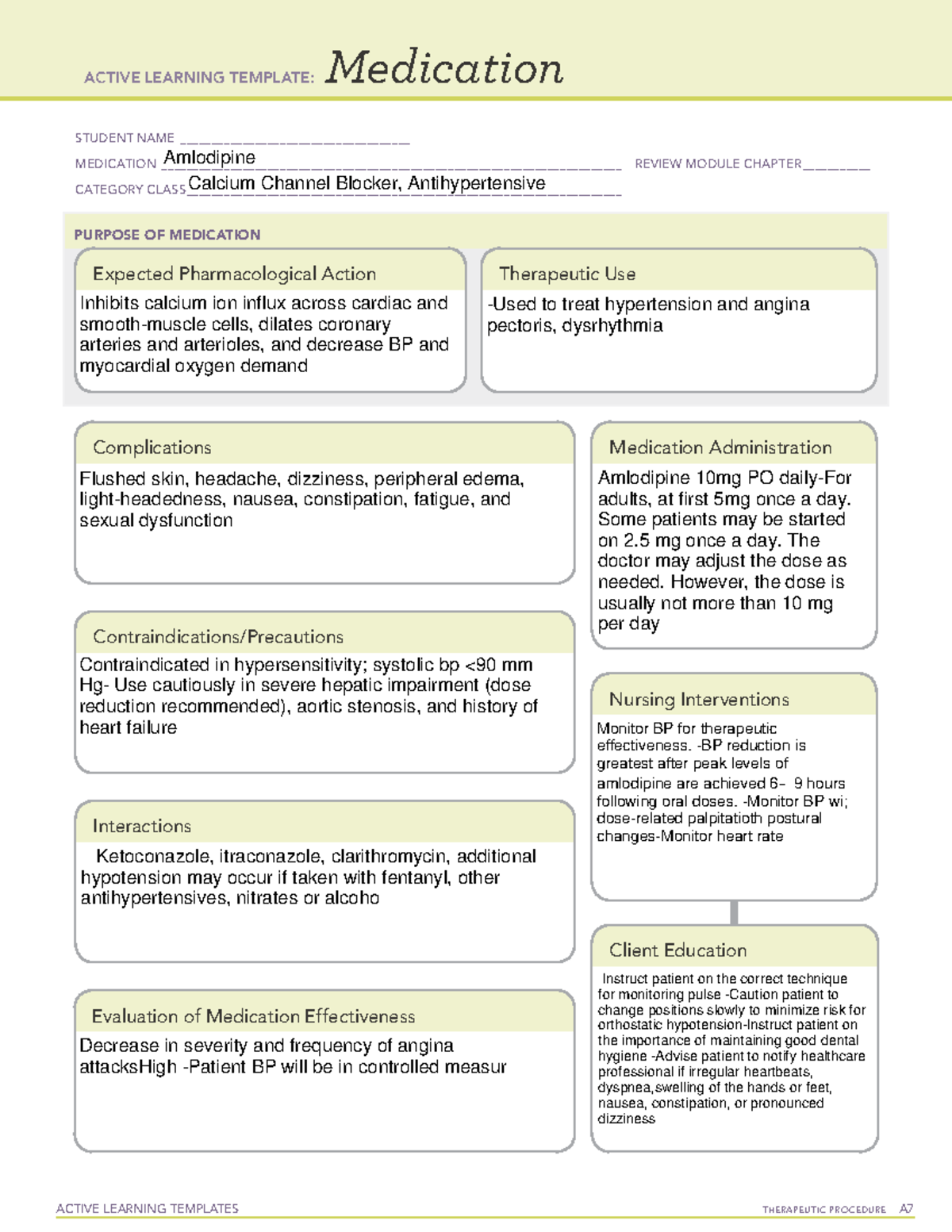 ATI Medication Template (1) almlodipine - NURSING 150 - Studocu