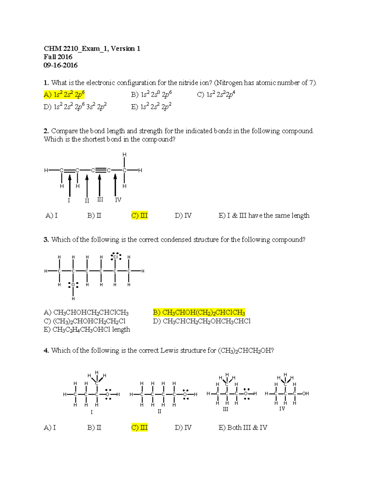 Pdf-2 - Exam 1 Fall 2020 CHM2210 answer key - CHM 2210_Exam_1, Version 1 Fall 2016 09-16- 1 ...