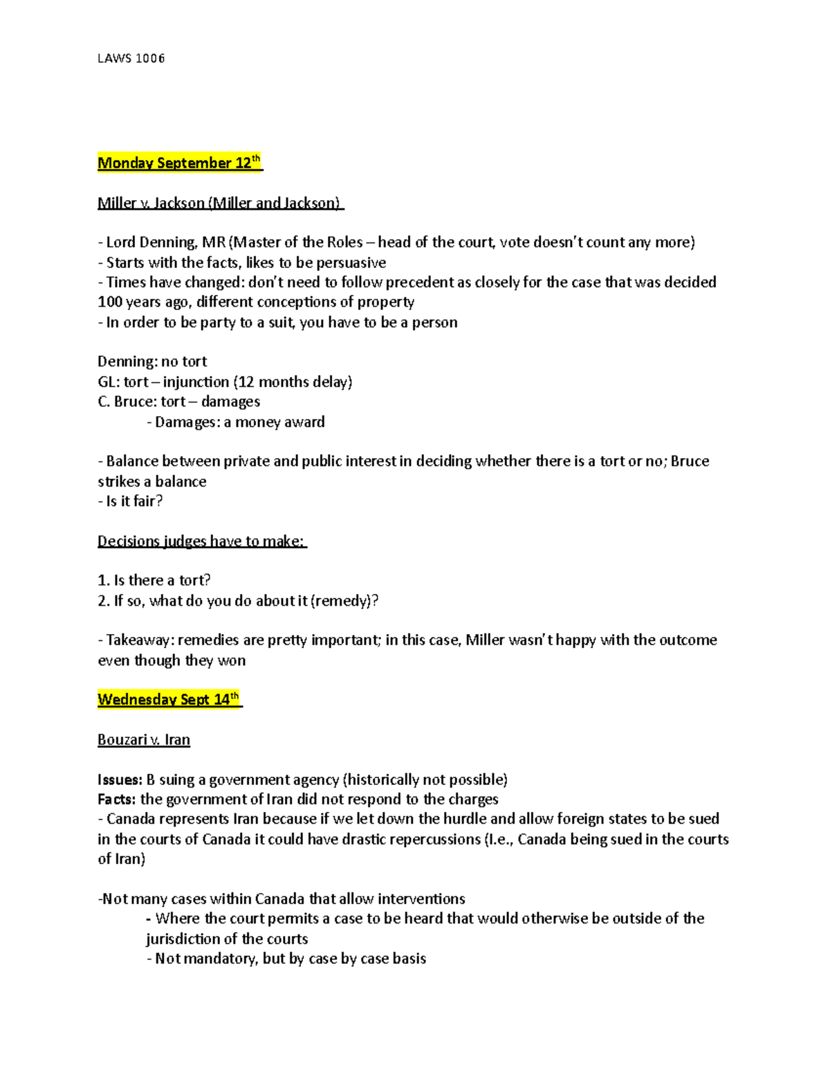 Torts LAW1006 - ALL YEAR Lecture Notes - Monday September 12 th Miller ...