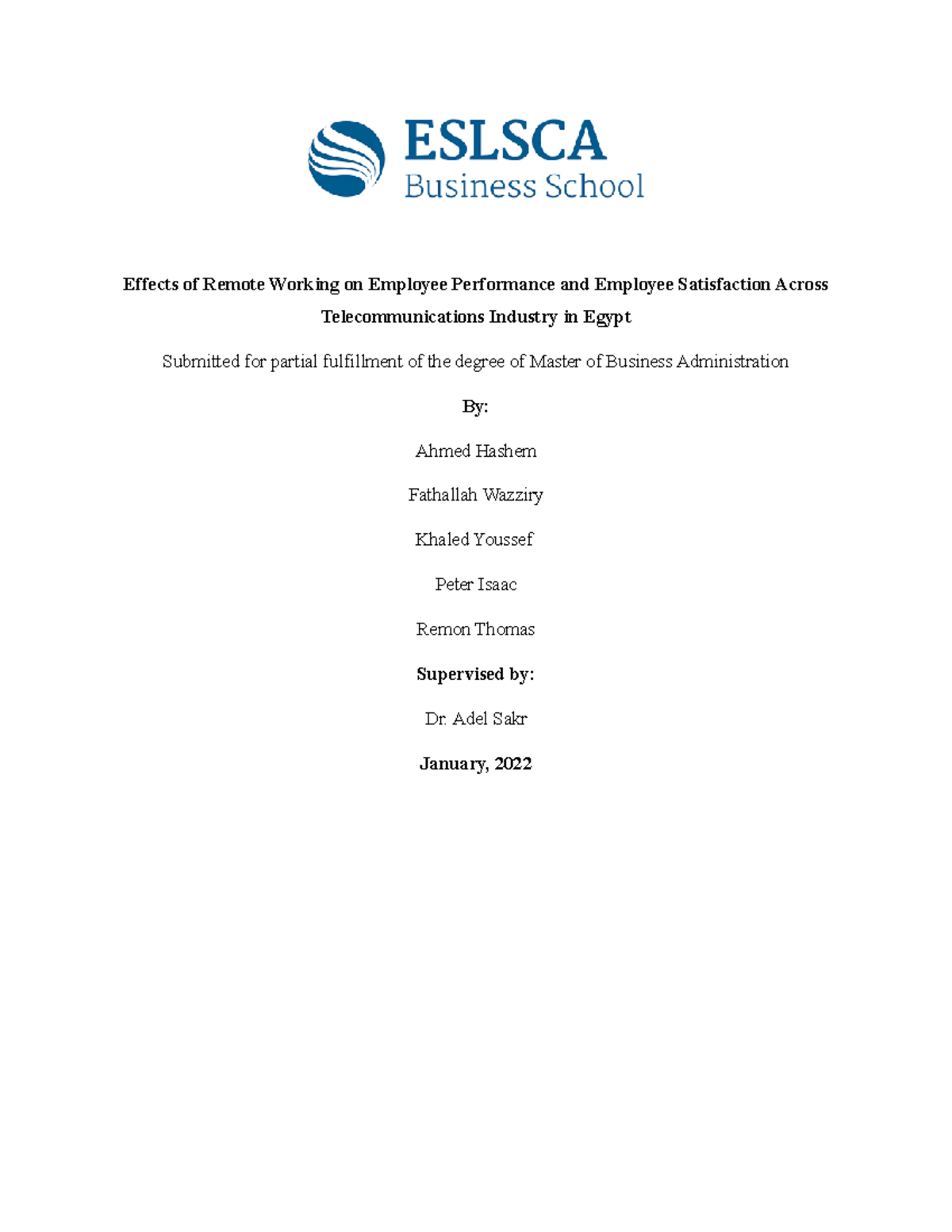 Business Research Project Eslsca MBA 67i - Effects of Remote Working on ...