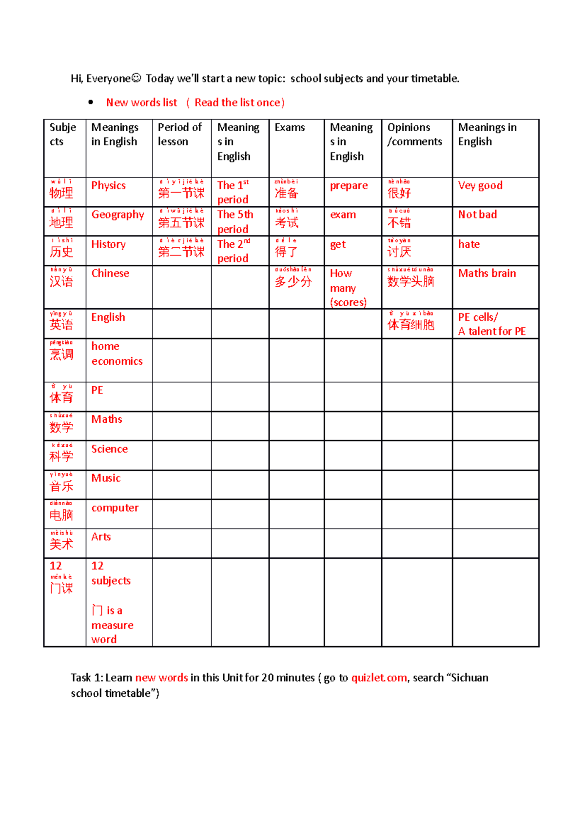 Timetable intro - Chinese language learning and worksheet, topic ...