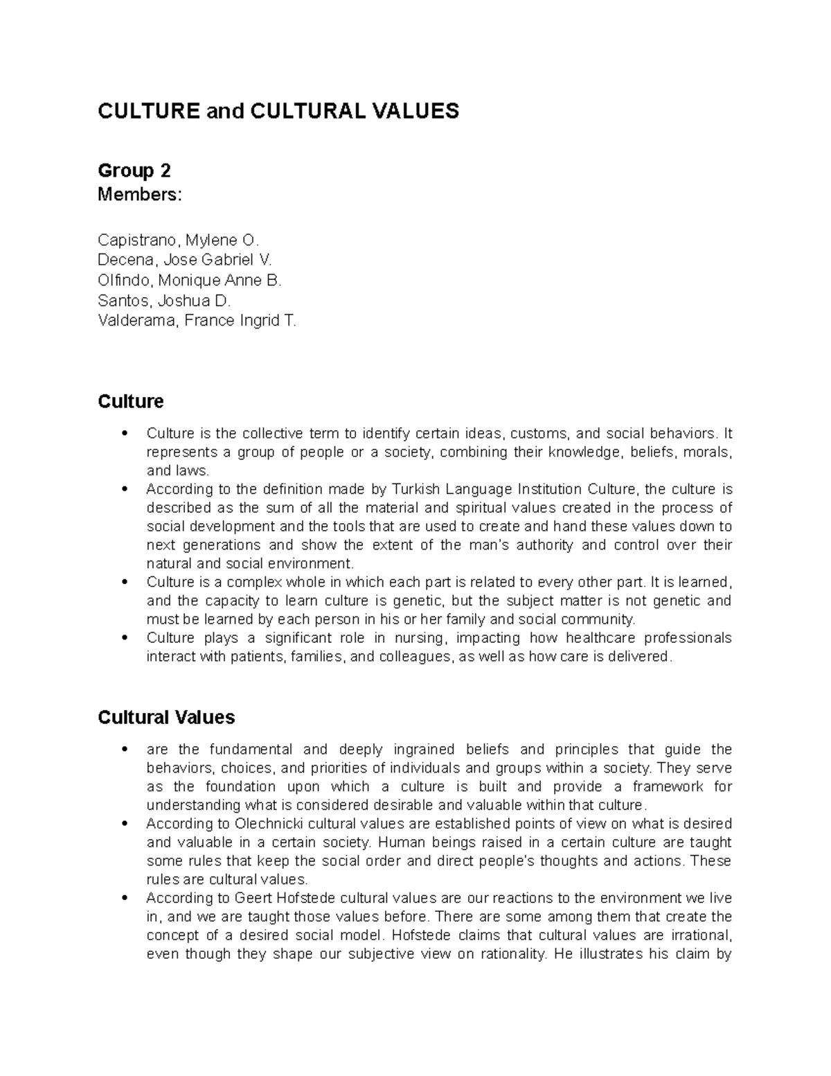 Trans BSN 4C Group 2 Handouts - CULTURE and CULTURAL VALUES Group 2 ...