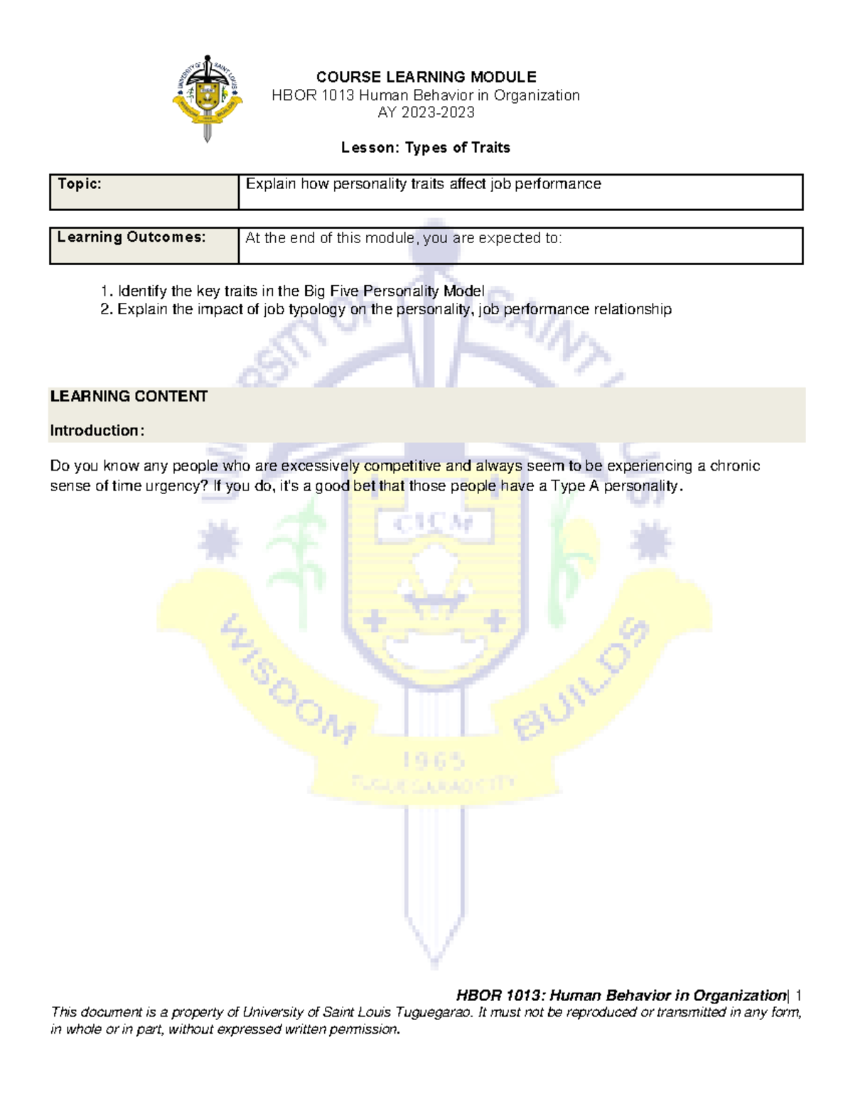 HBOR WEEK 4 - Lecture notes - HBOR 1013: Human Behavior in Organization ...