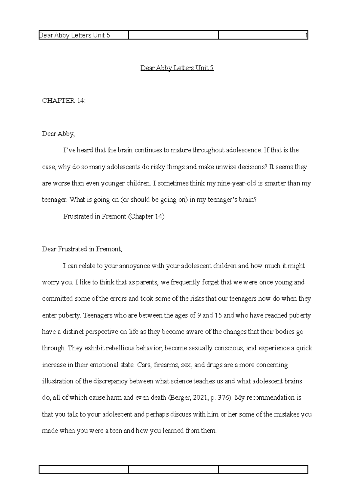 DEAR ABBY Letters UNIT 5 - Dear Abby Letters Unit 5 CHAPTER 14: Dear ...