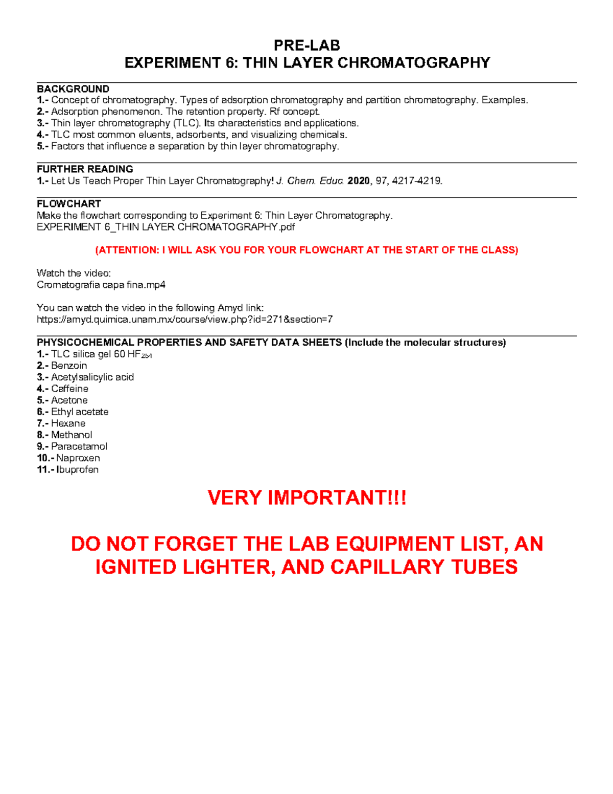 PRE-LAB Experiment 6 THIN Layer Chromatography - PRE-LAB EXPERIMENT 6 ...