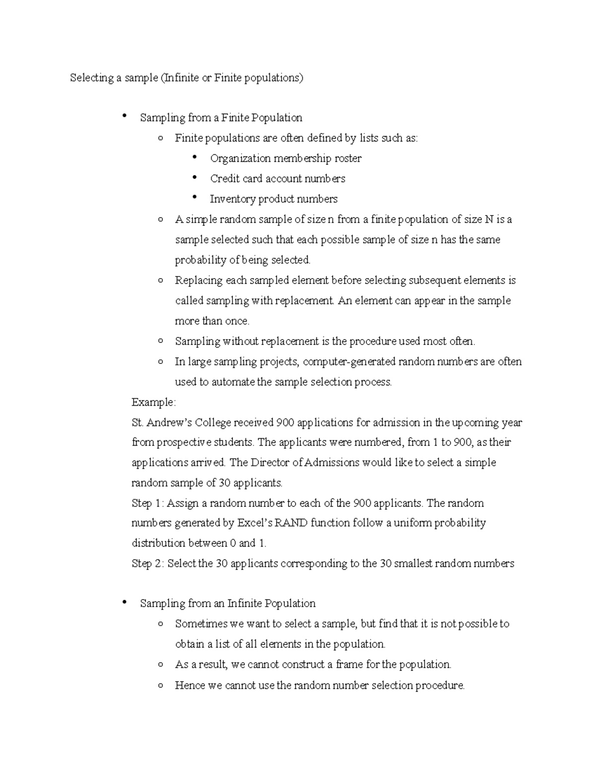 Selecting A Sample Infinite Or Finite Populations O Replacing Each Sampled Element Before