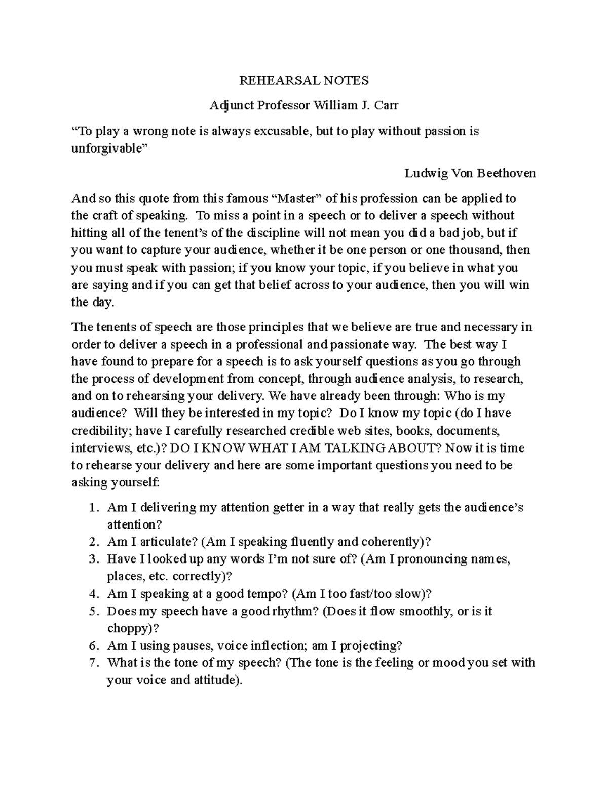 Rehearsal NOTEs 2 - REHEARSAL NOTES Adjunct Professor William J. Carr ...