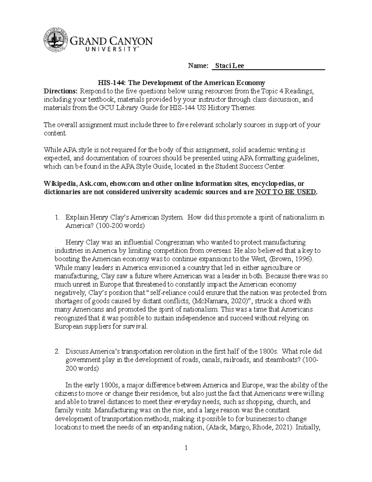 HIS-144 - HIS-144 assignments - Name: Staci Lee HIS-144: The ...