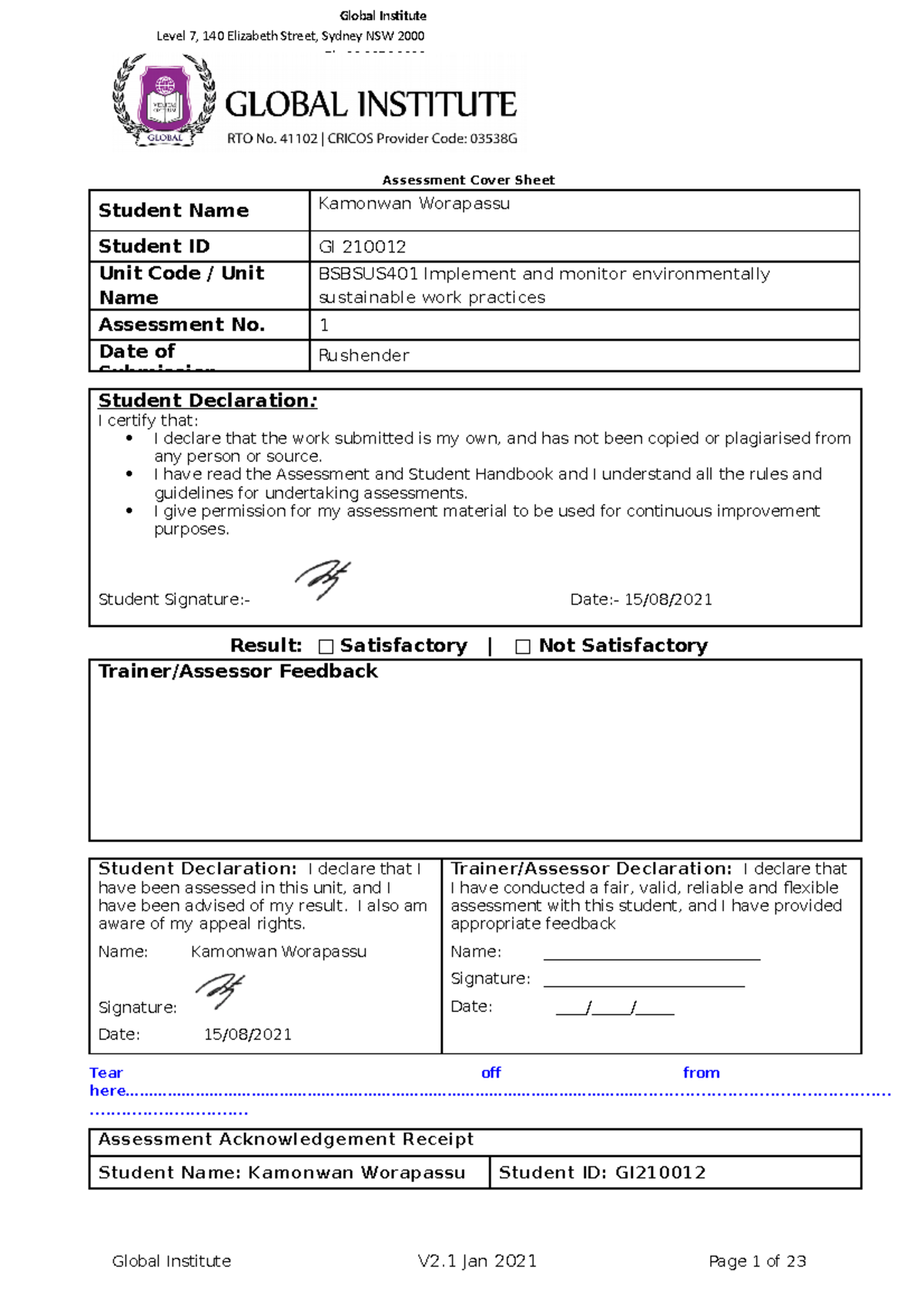 Bsbsus 401 Assessment task 1 global - Global Institute Level 7, 140 ...