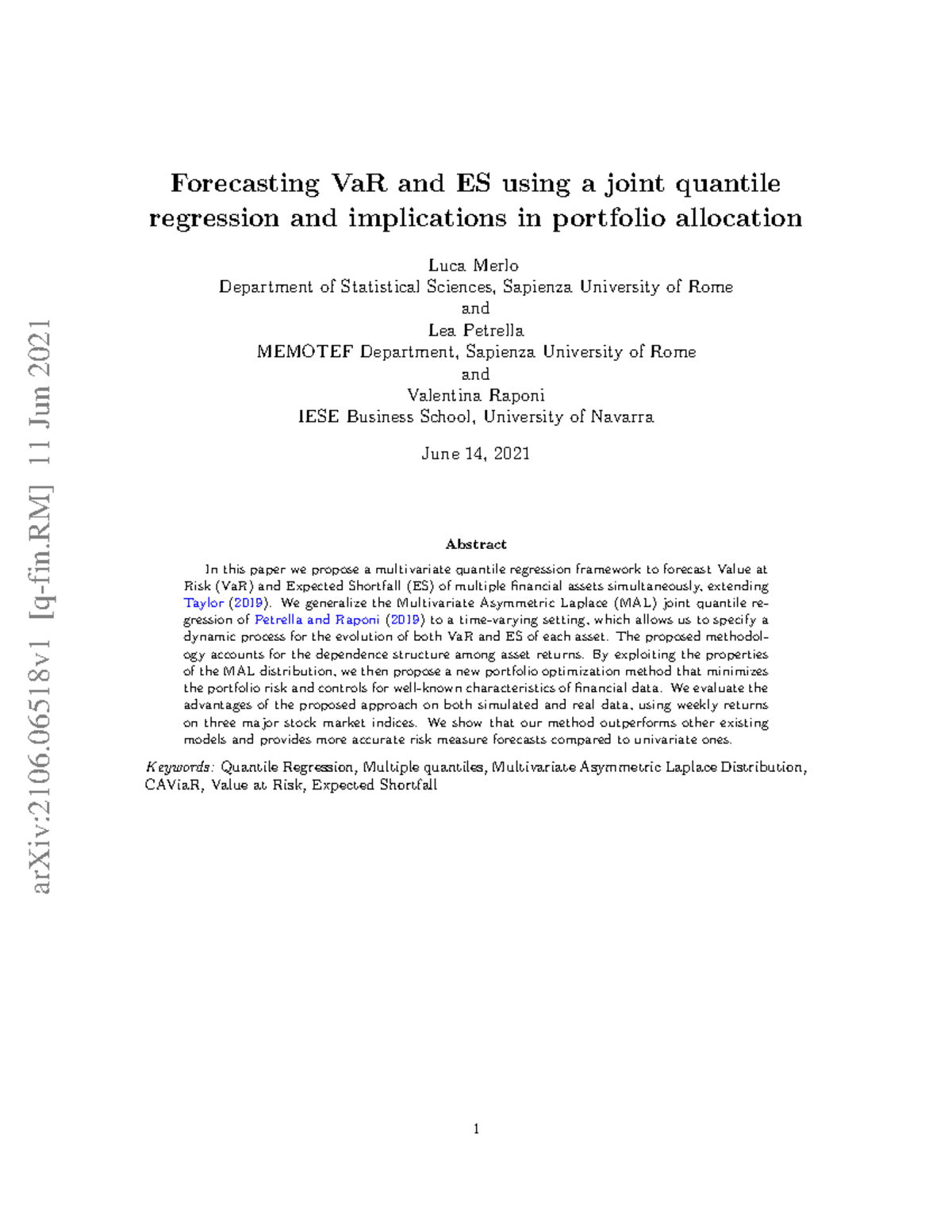 Forecasting Va R And Es Forecasting Var And Es Using A Joint Quantile