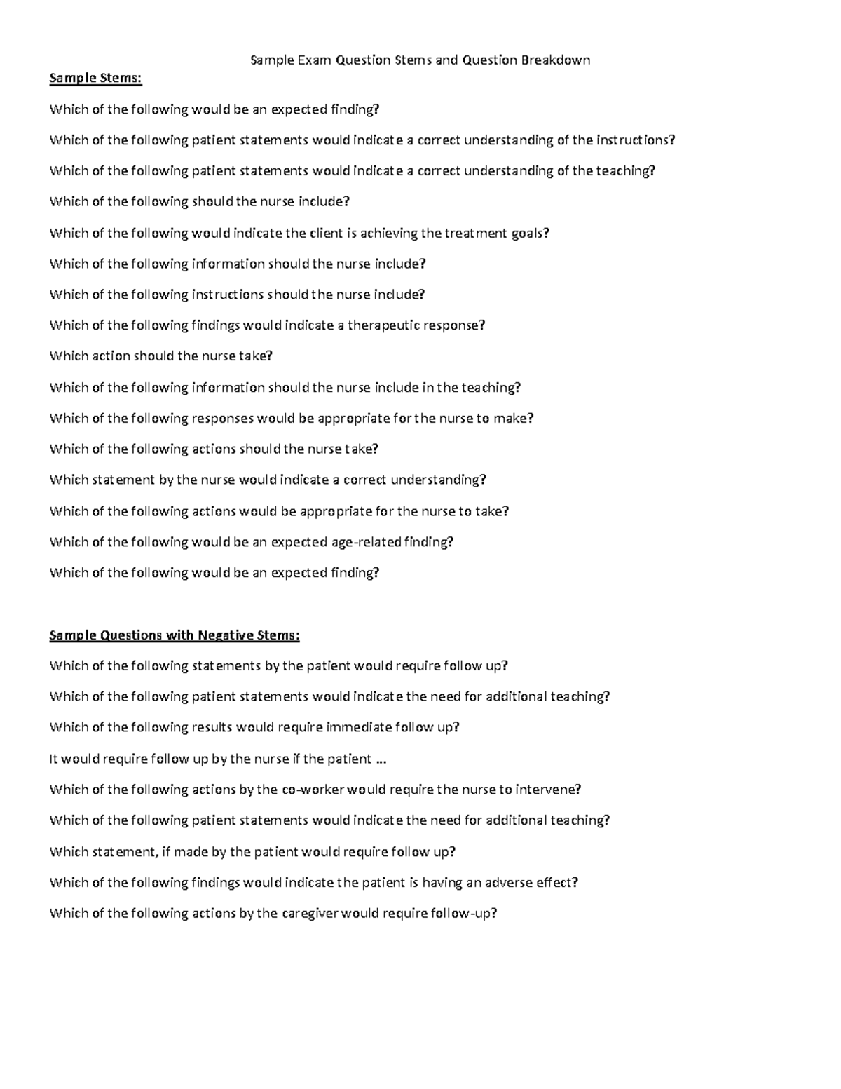Sample Stems-2 - nursing - Sample Exam Question Stems and Question ...