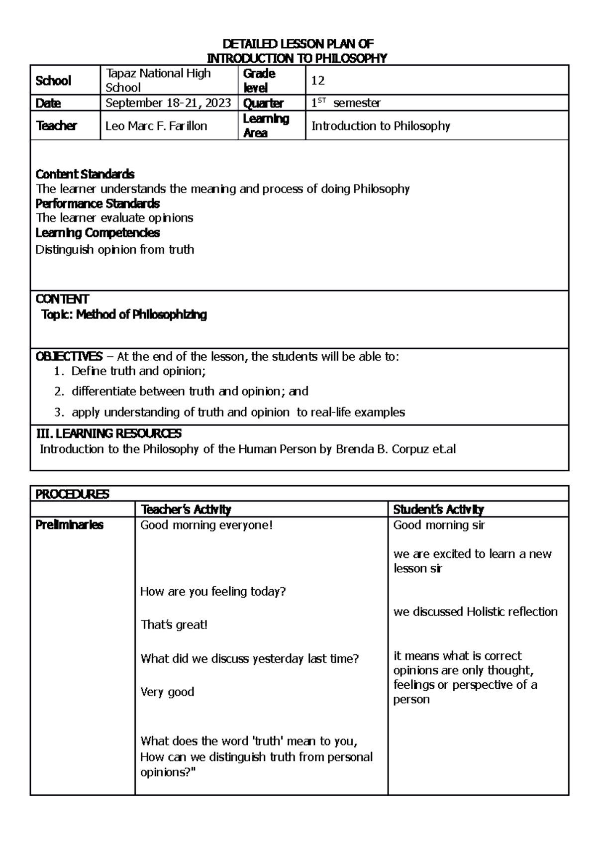 Phi L 3 - DLP - DETAILED LESSON PLAN OF INTRODUCTION TO PHILOSOPHY ...