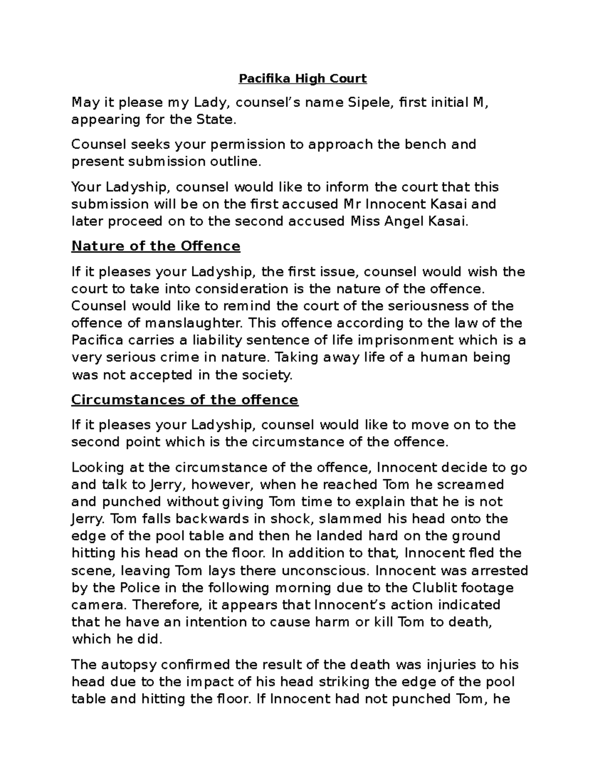 Submission - Assignment based on the given topic - Pacifika High Court ...