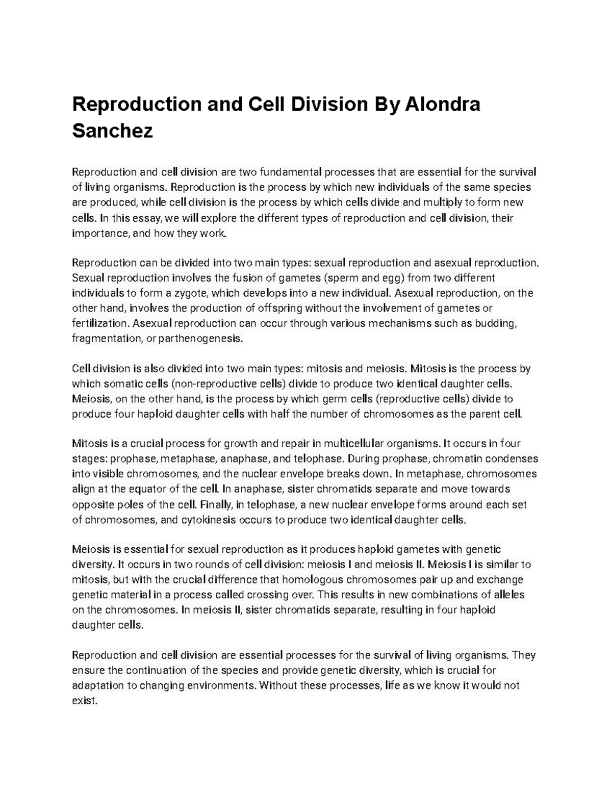Reproduction and cell divison essay - Reproduction and Cell Division By ...