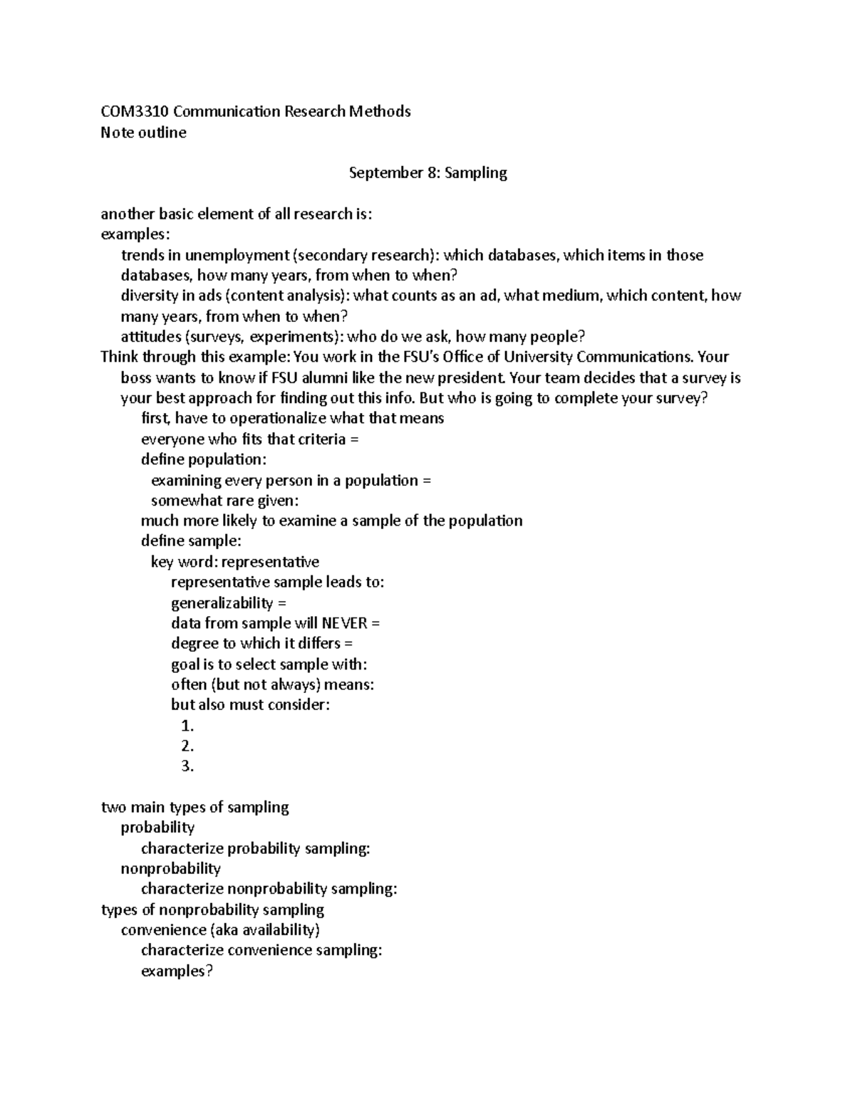 Com3310 fa22 sampling note outline - COM3310 Communication Research ...