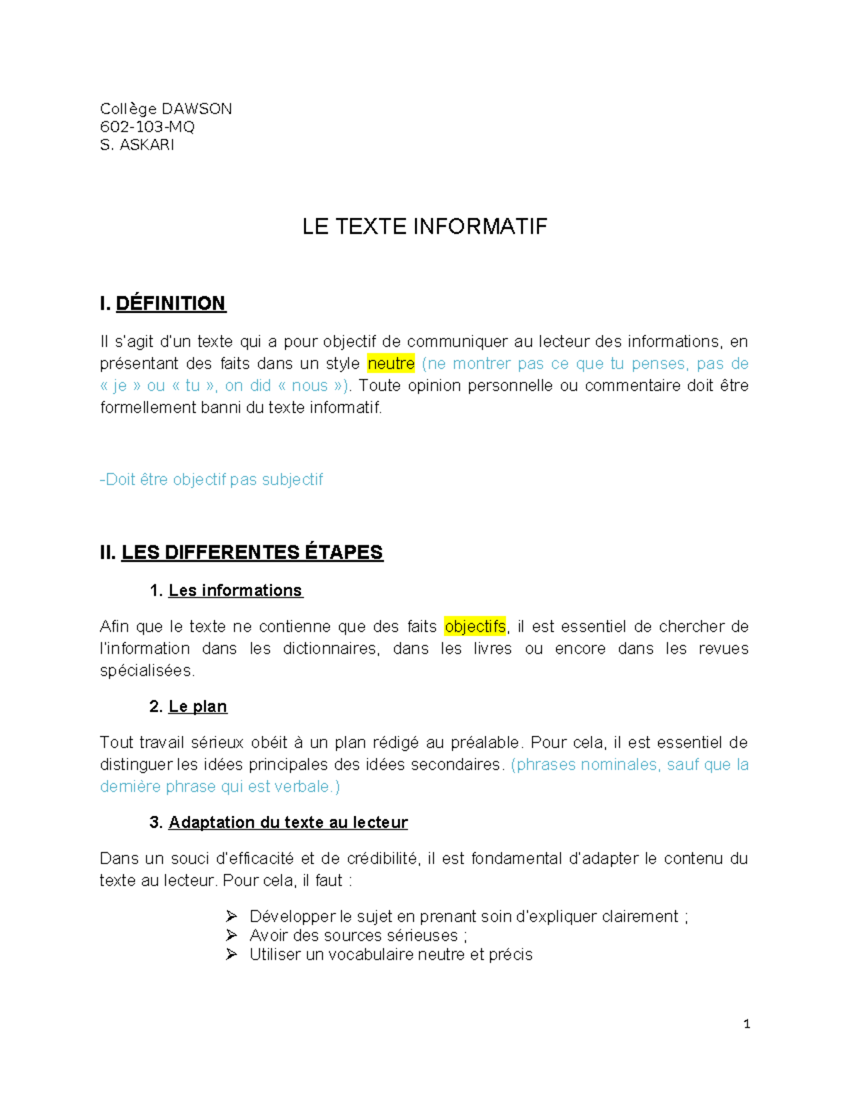 Le texte informatif - French - Collège DAWSON 602-103-MQ S. ASKARI LE ...