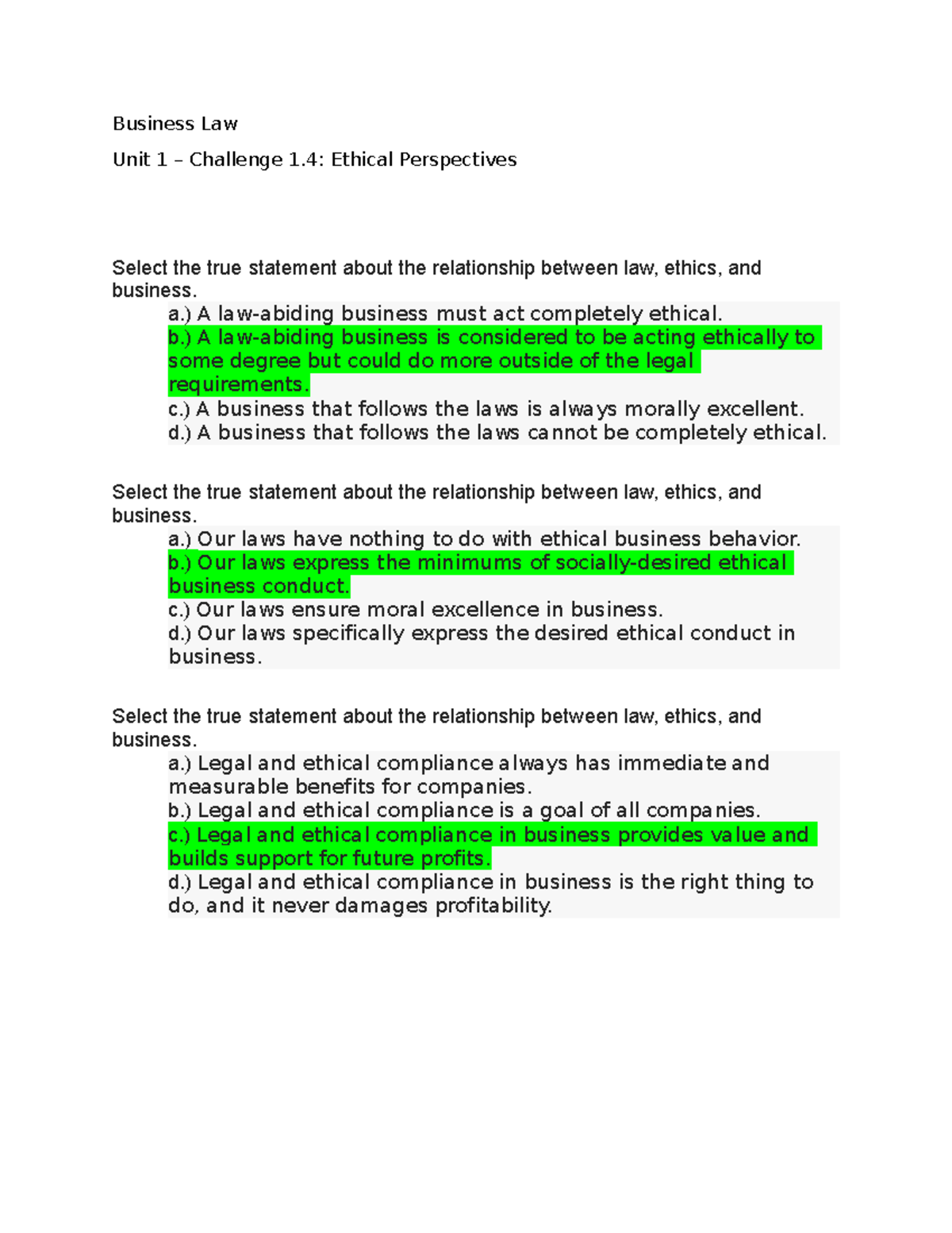 Business Law Unit 1 Challenge 1.4 Ethical Perspectives - Business Law Unit 1 – Challenge 1 ...