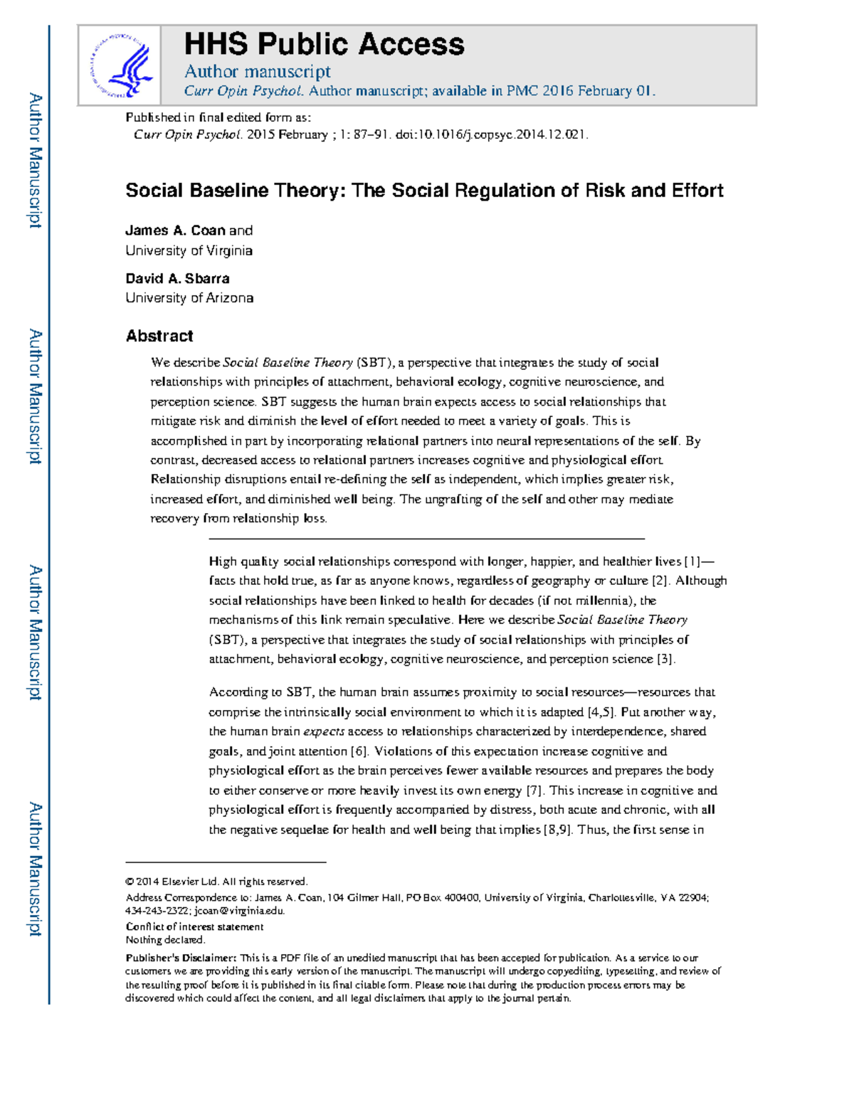 Week8-Science Swimme and Coan combined - Social Baseline Theory: The ...