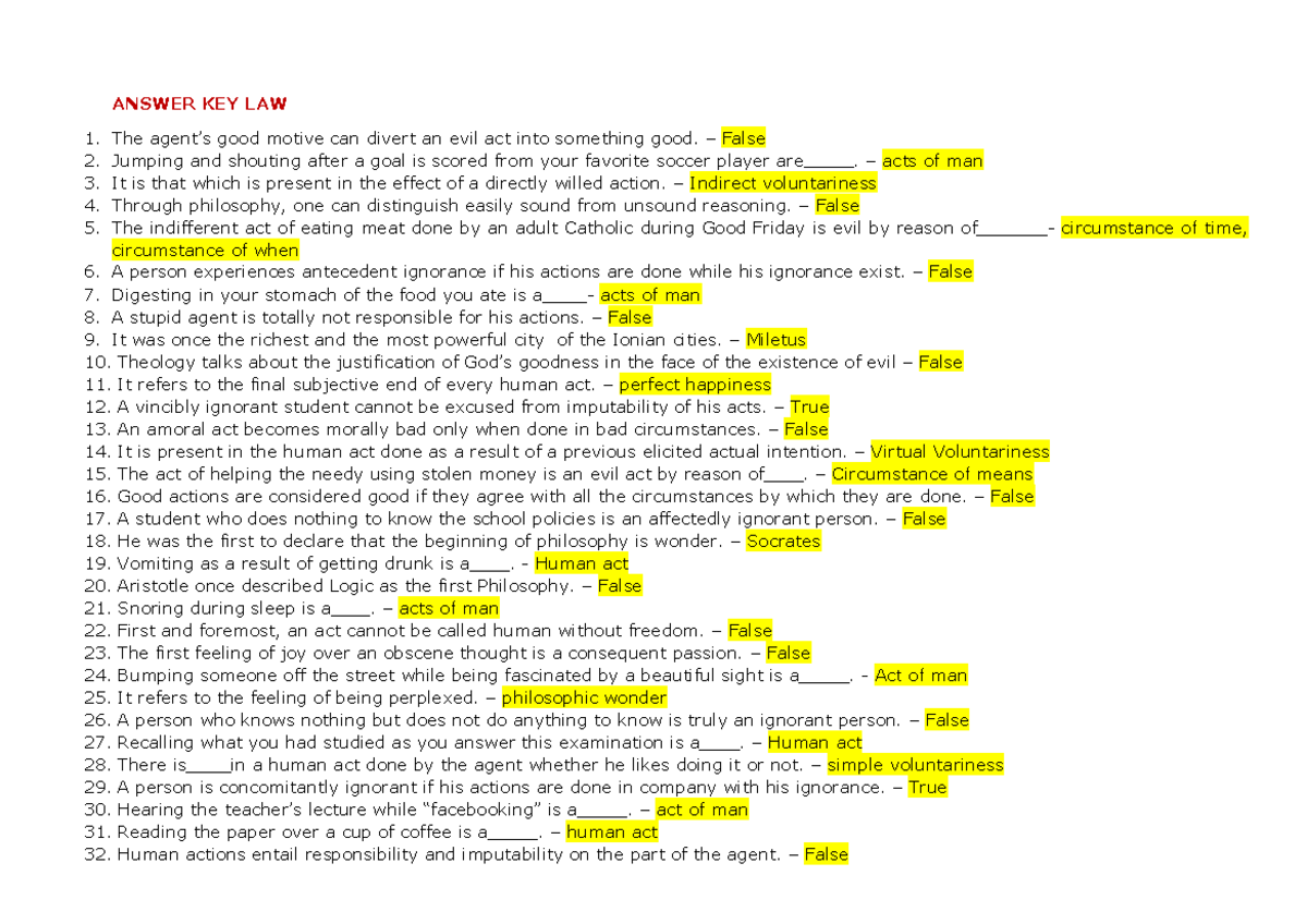 Answer KEY LAW - This would be a big help to all students - ANSWER KEY ...