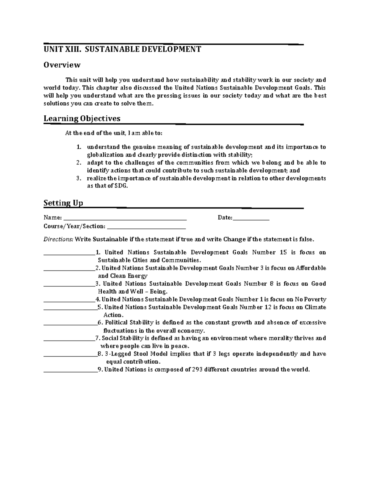 UNIT XIII Sustainable Development - UNIT XIII. SUSTAINABLE DEVELOPMENT ...