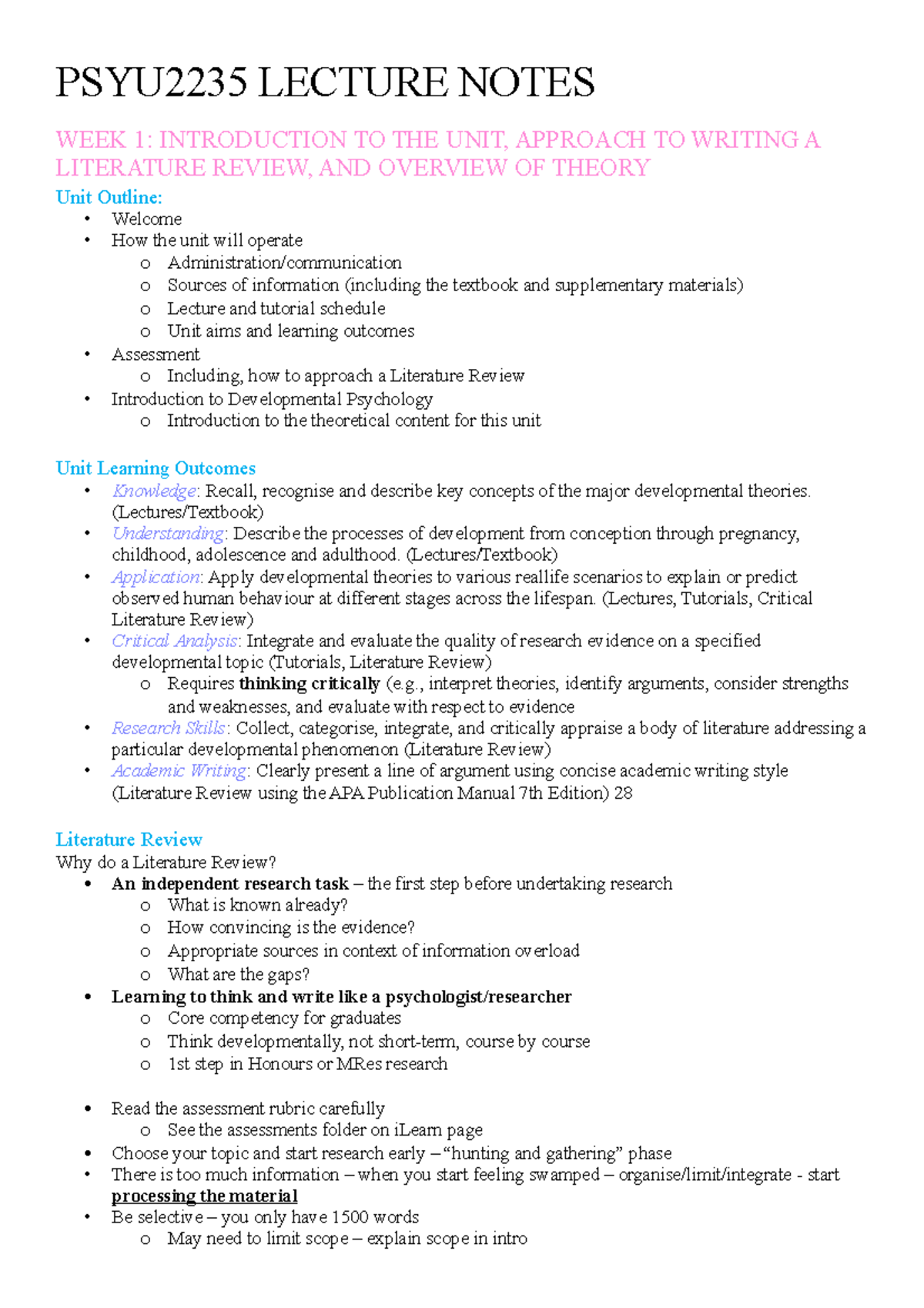 Psyu2235 lecture notes - PSYU2235 LECTURE NOTES WEEK 1: INTRODUCTION TO ...
