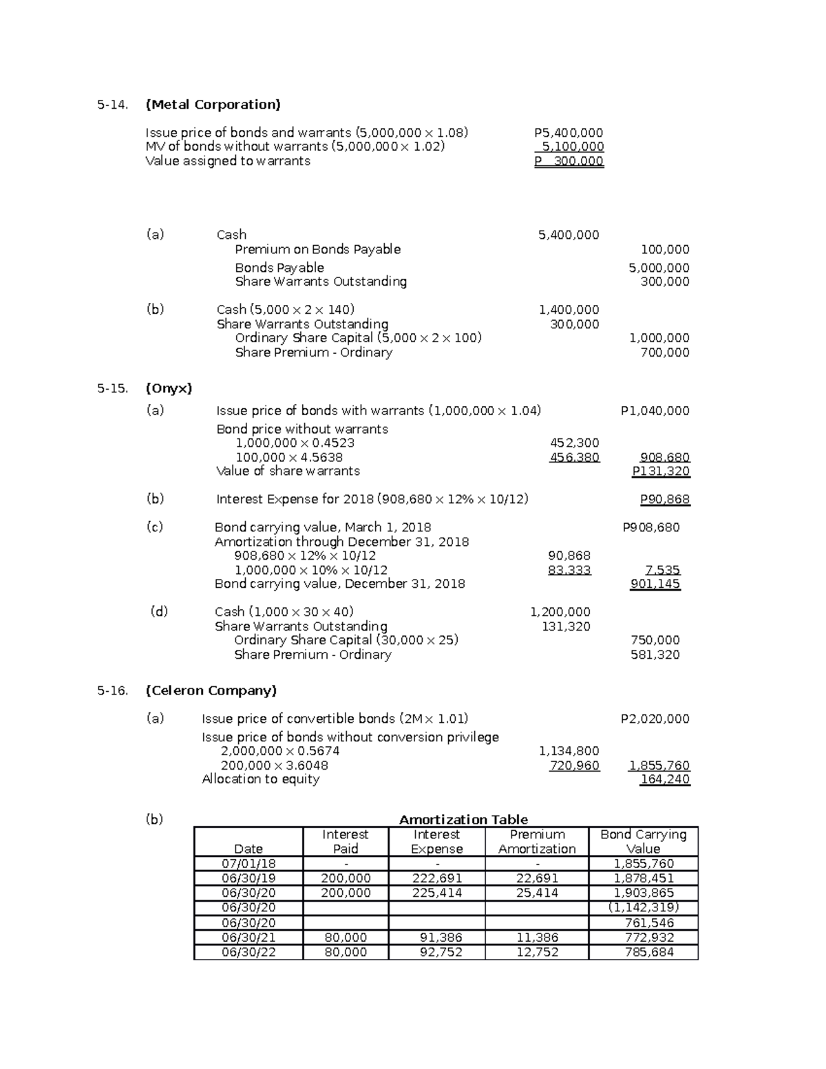 Bonds payable sample problems solution - 5-14. (Metal Corporation ...