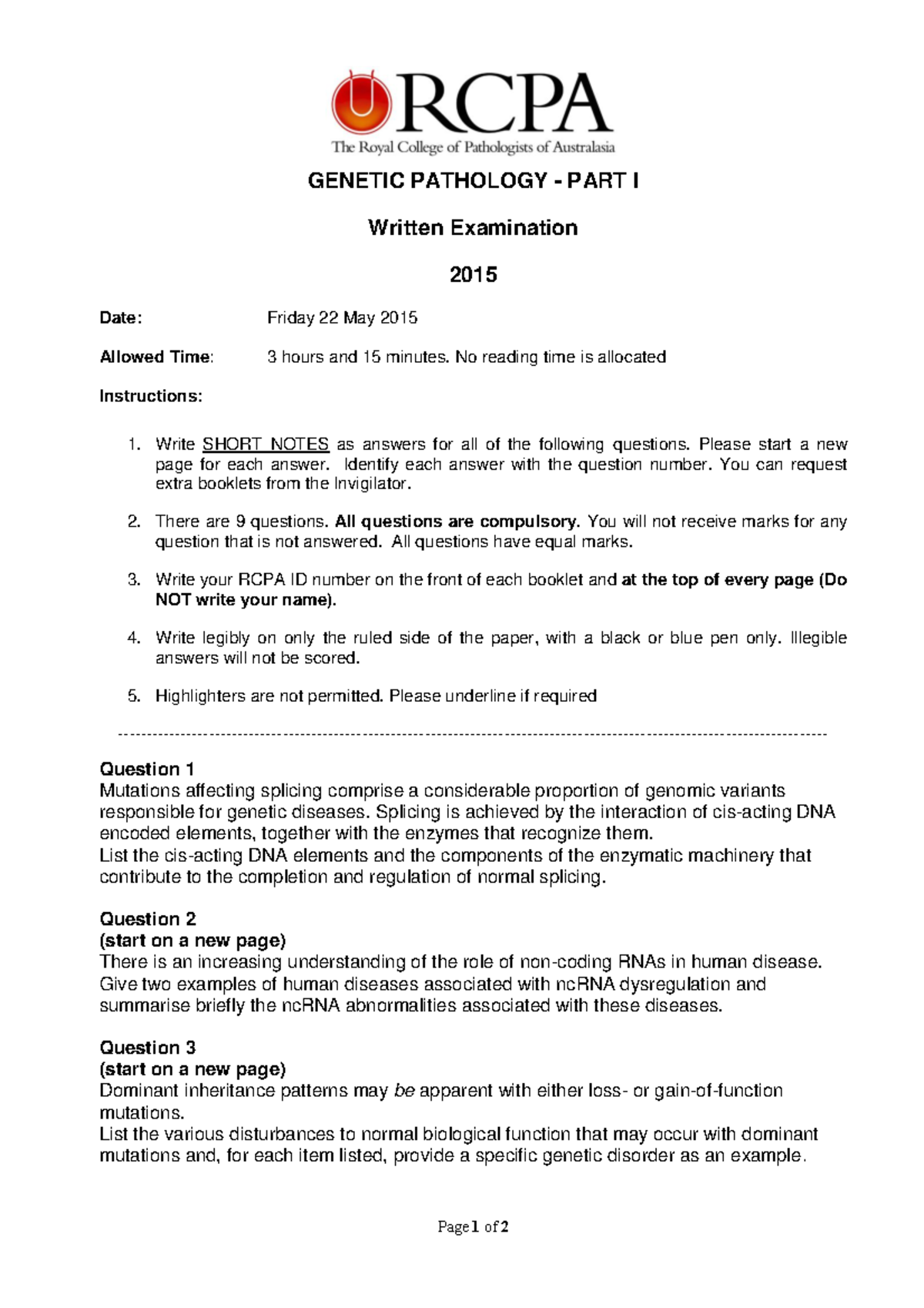 Genetic Pathology Part I exam paper 2015 - Page 1 of 2 GENETIC ...