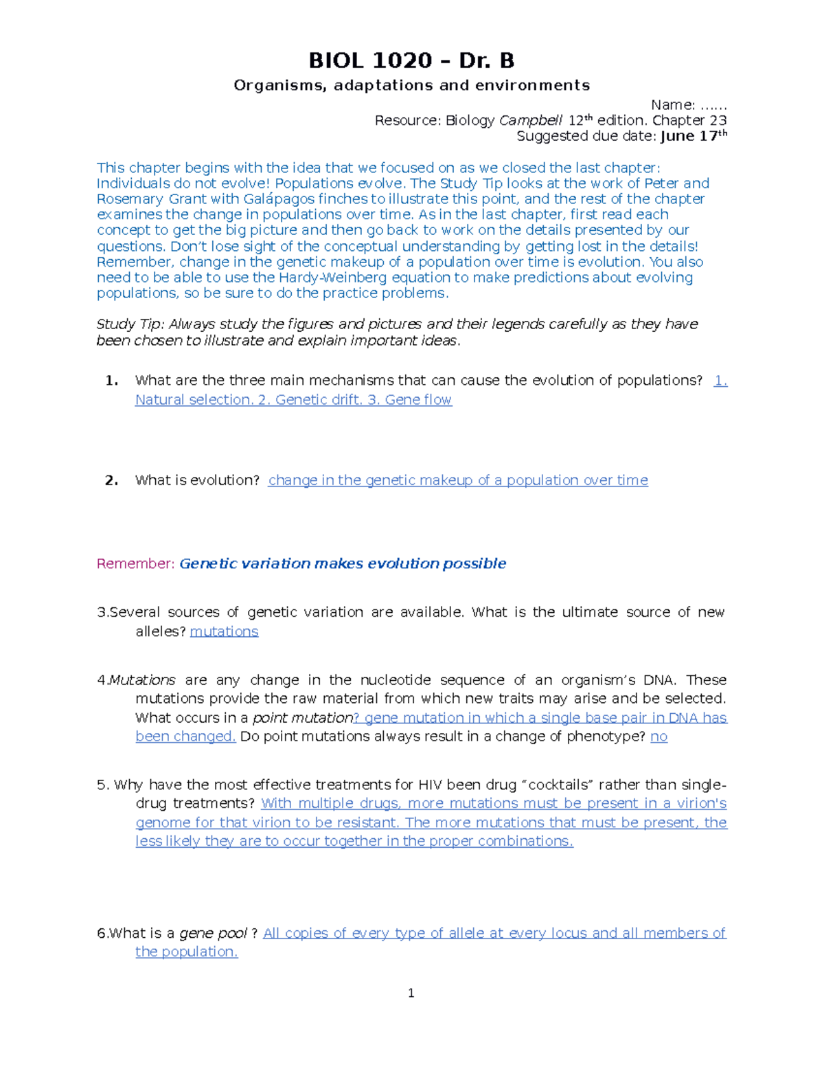 6. Homework Evolution of populations CH 23 - Organisms, adaptations and ...
