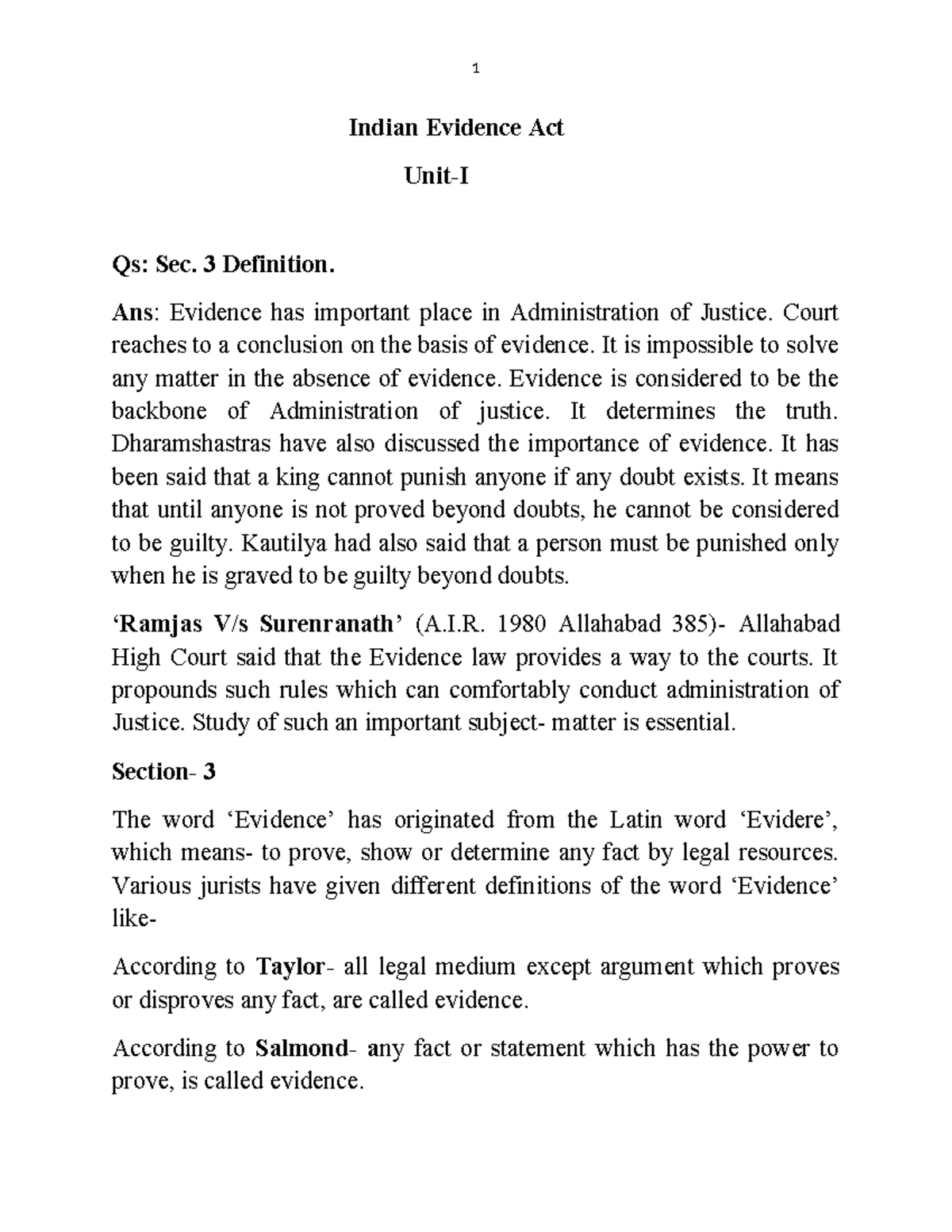 The law of evidence (Autosaved) - Indian Evidence Act Unit-I Qs: Sec. 3 ...