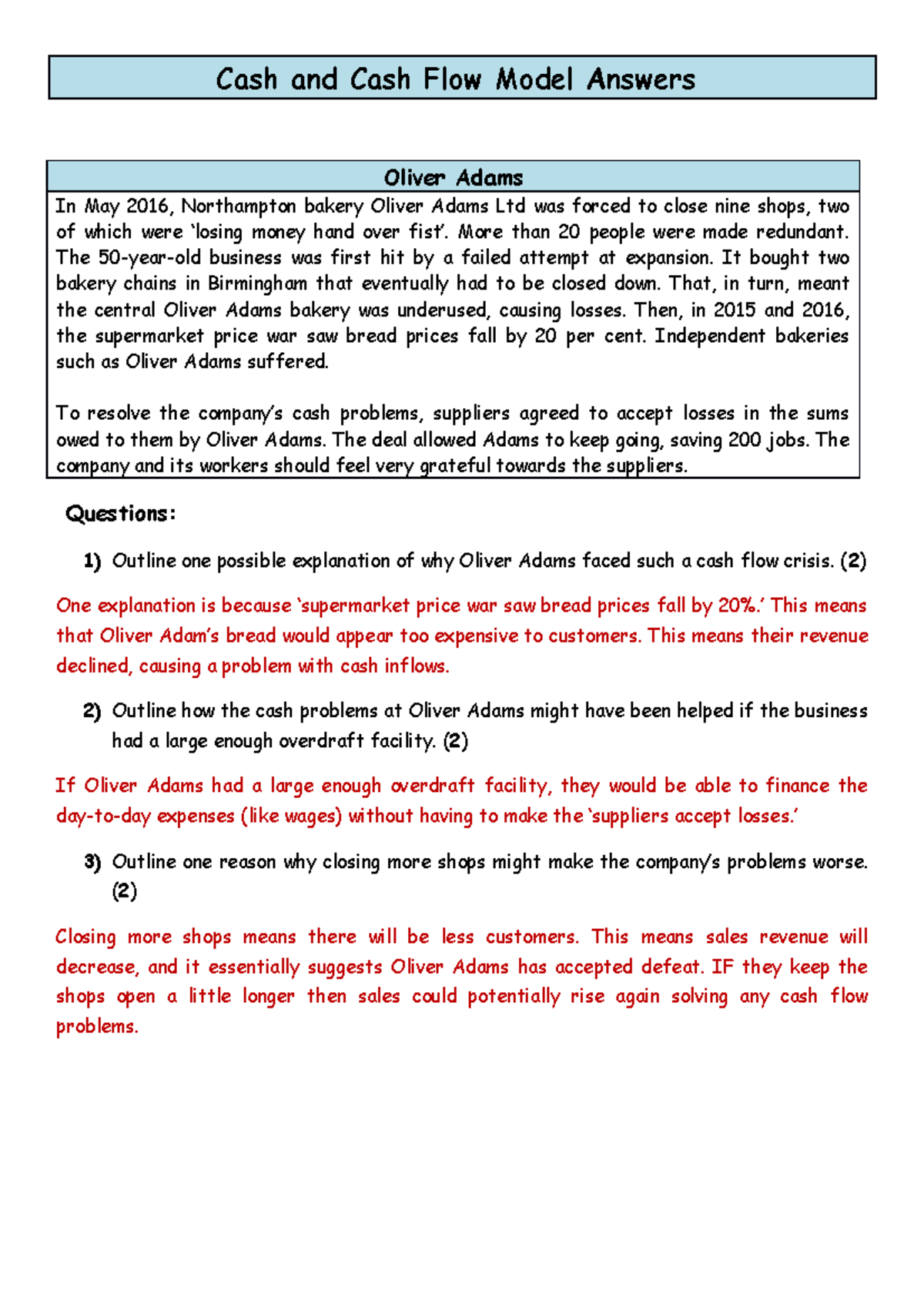 Cash and Cash Flow Worksheet Answers - Cash and Cash Flow Model Answers ...