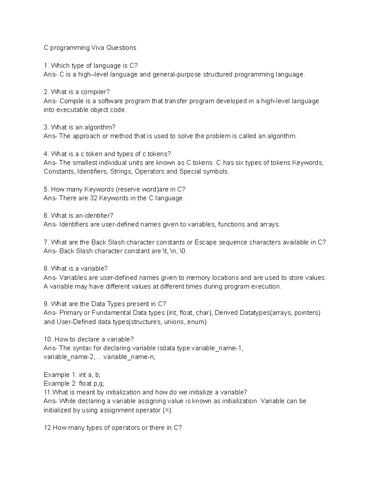 C Programming Viva Questions C Programming Viva Questions Which Type