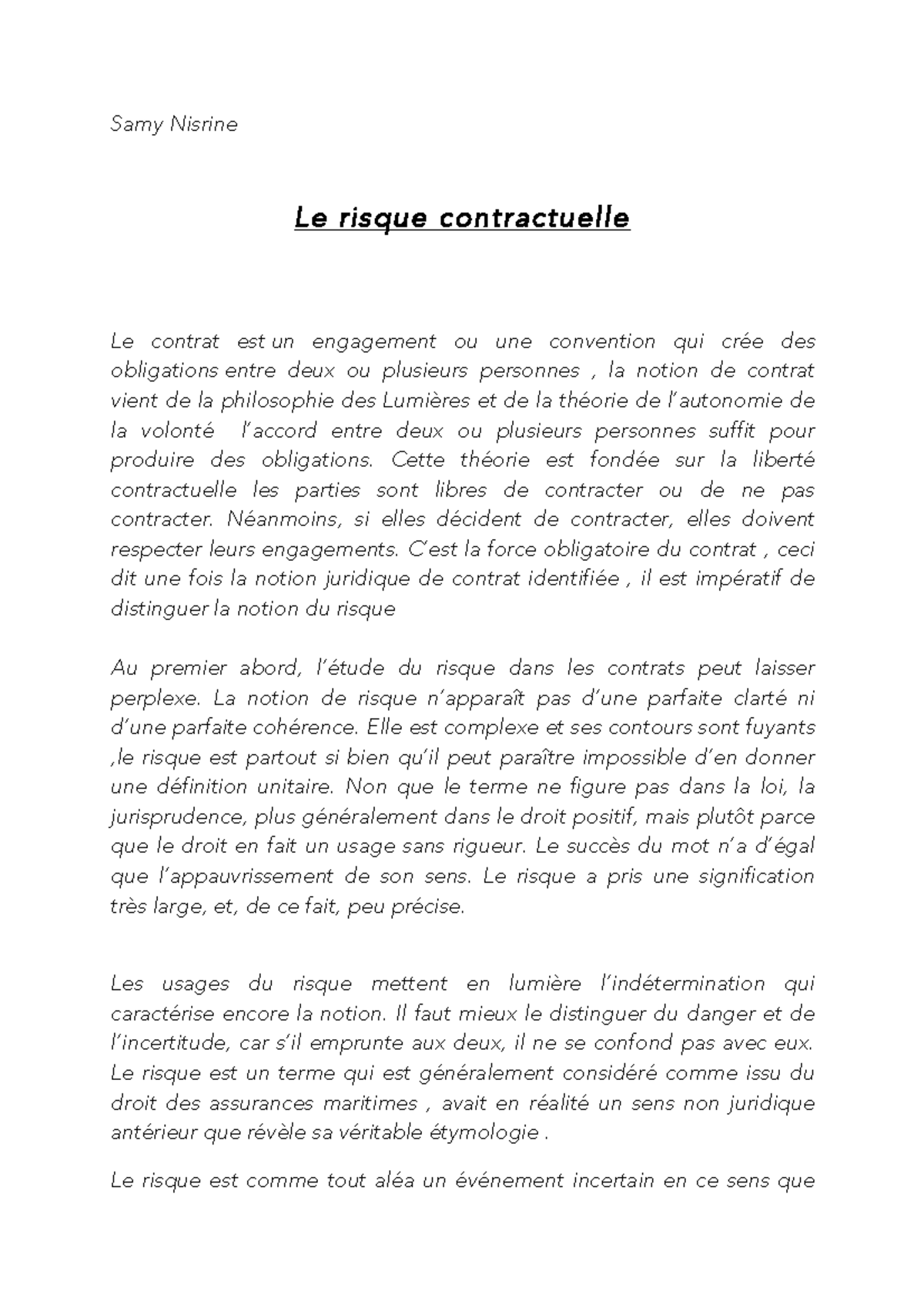 LE Risque Contract 2 - resume - Samy Nisrine Le risque contractuelle Le ...