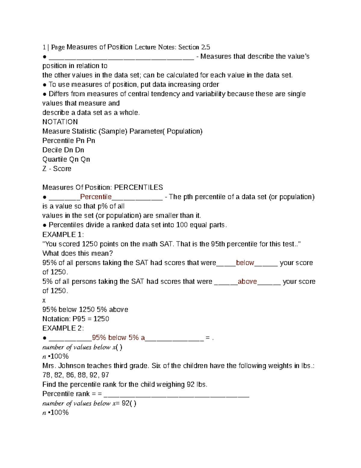 2.5 Stats Notes - Google Docs - 1 | Page Measures of Position Lecture ...