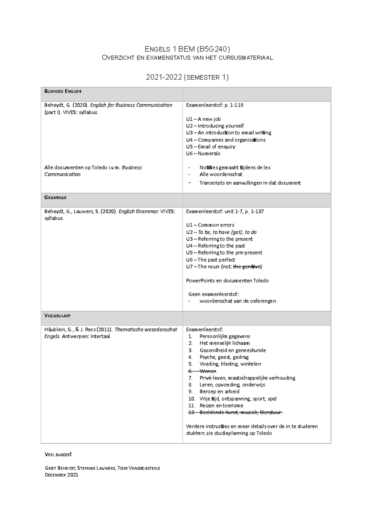 21-22 sem I BEM-B5G240 Engels(1) - ENGELS 1 BEM (B5G240) OVERZICHT EN ...
