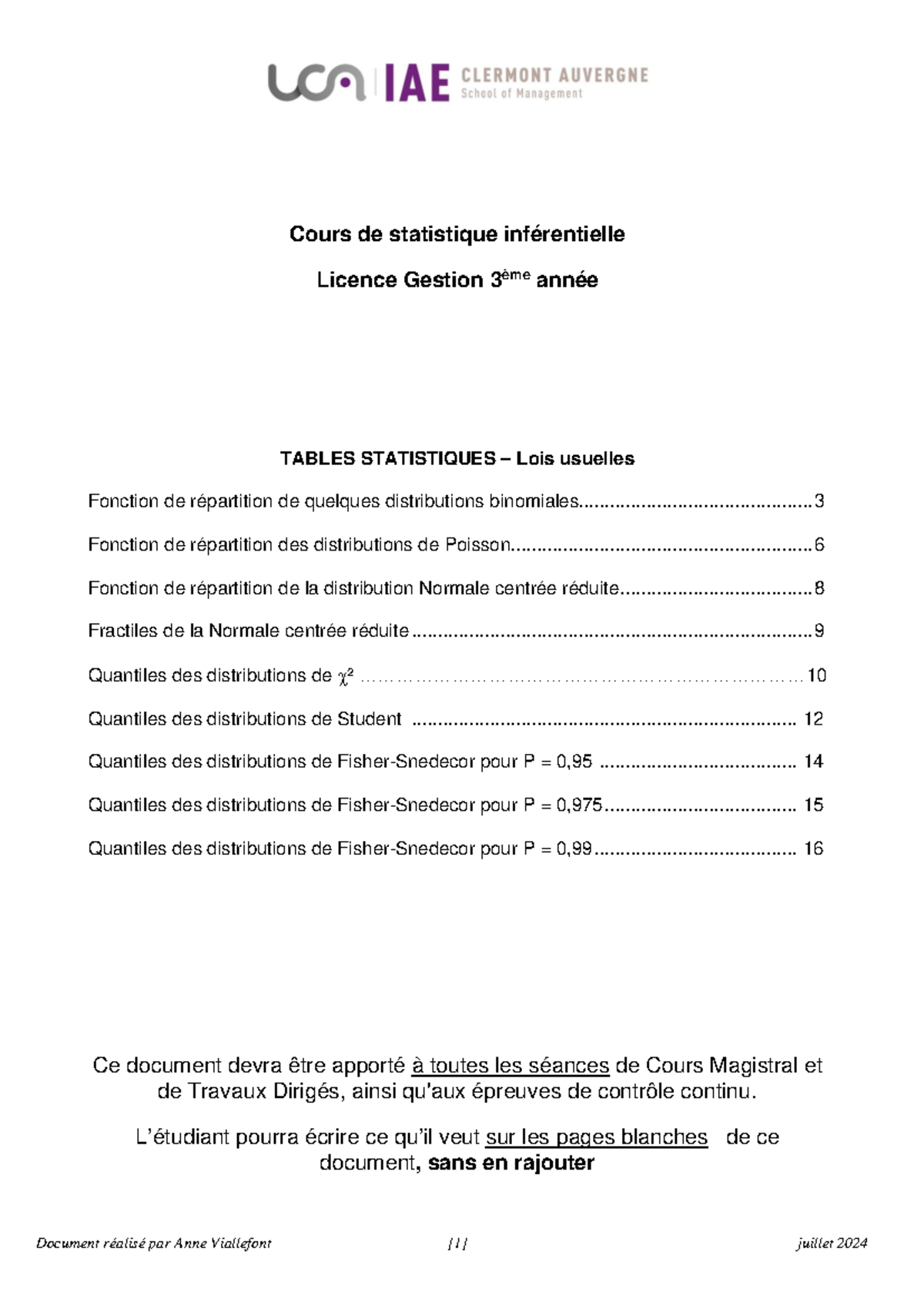 Tables Statistiques pour L3 - Cours de statistique inférentielle ...