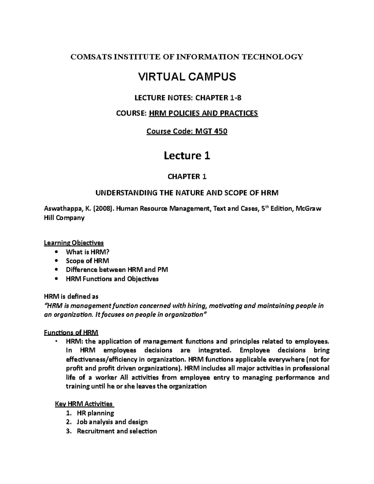 Lecture Notes 1-8 - COMSATS INSTITUTE OF INFORMATION TECHNOLOGY VIRTUAL ...
