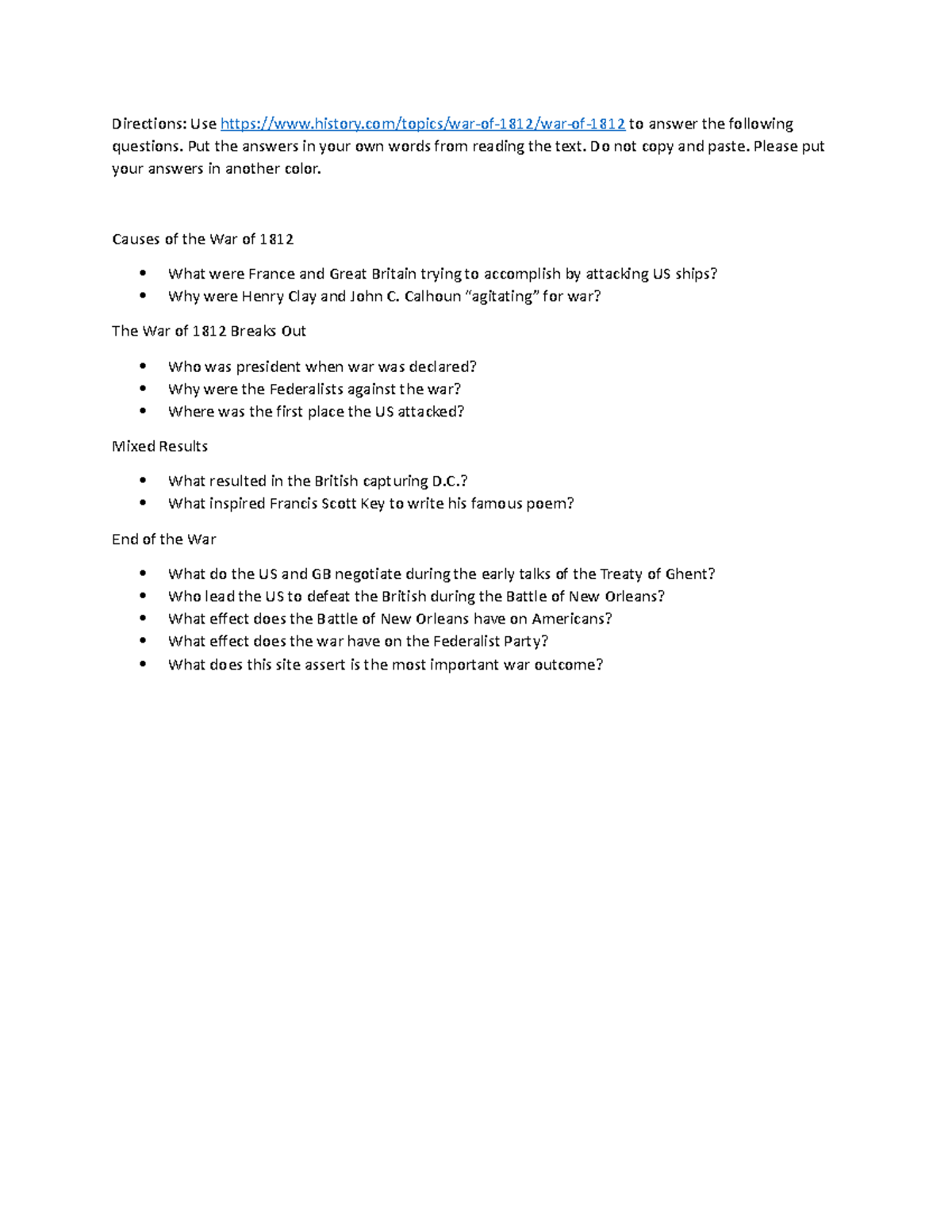 War of 1812 Reading - Directions: Use history/topics/war-of-1812/war-of ...