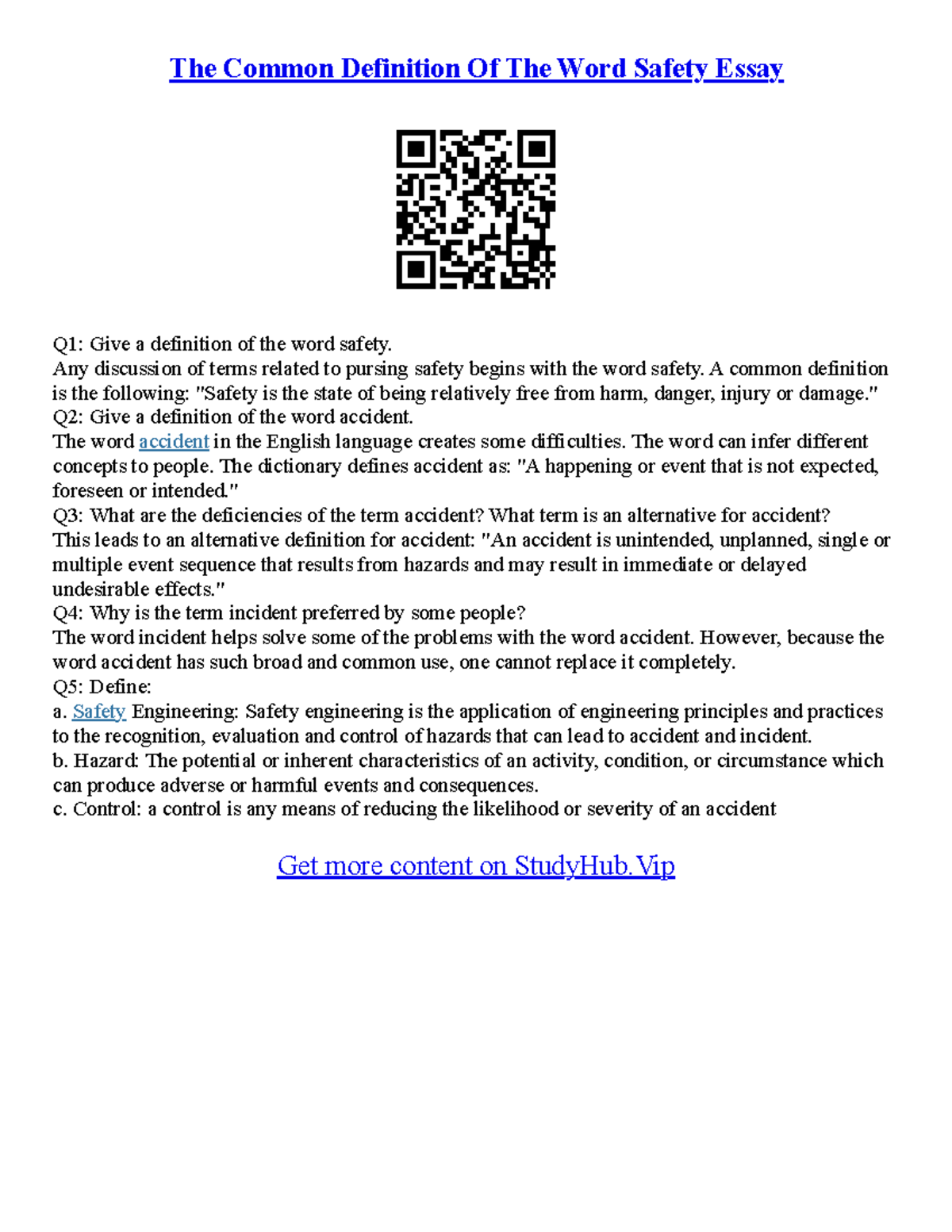 Safety Essay Safety Essay - The Common Definition Of The Word Safety ...