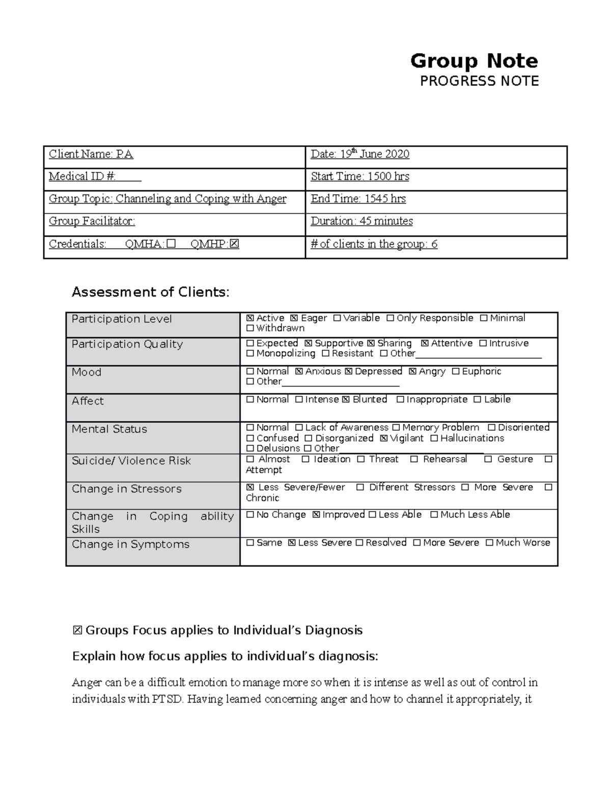 Sexual Assault Group Note 12 - Group Note PROGRESS NOTE Client Name: P ...