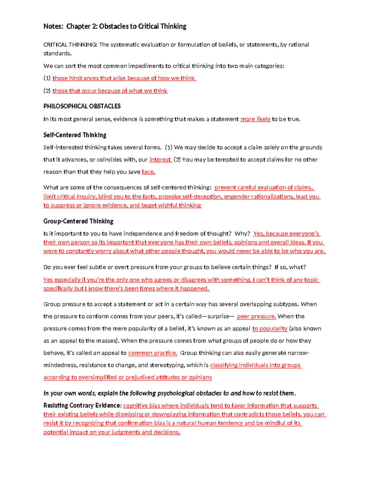 Notes Chapter 2 - Notes: Chapter 2: Obstacles to Critical Thinking ...