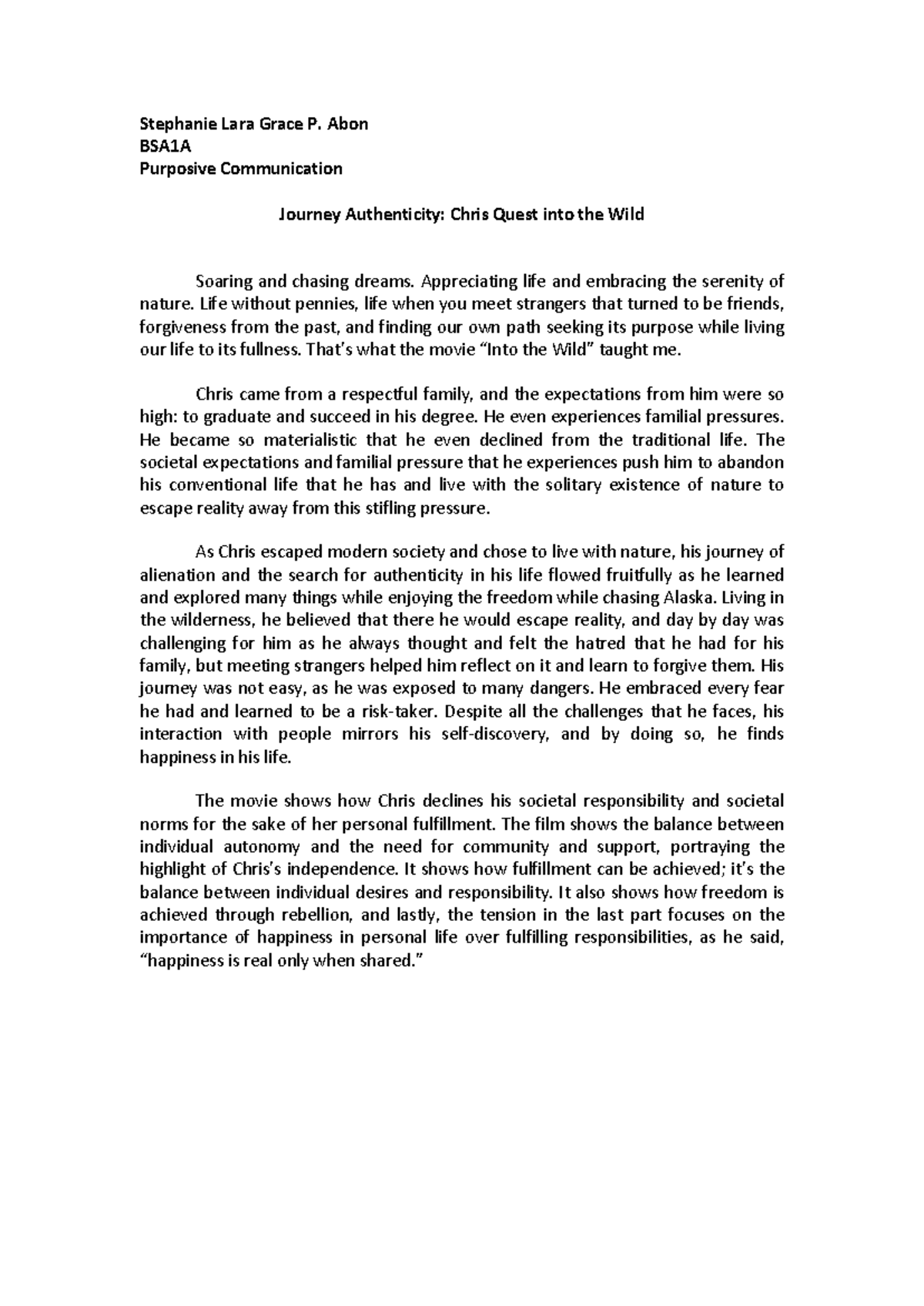 Into the Wild - MOVIE CRITQUE - Stephanie Lara Grace P. Abon BSA1A ...