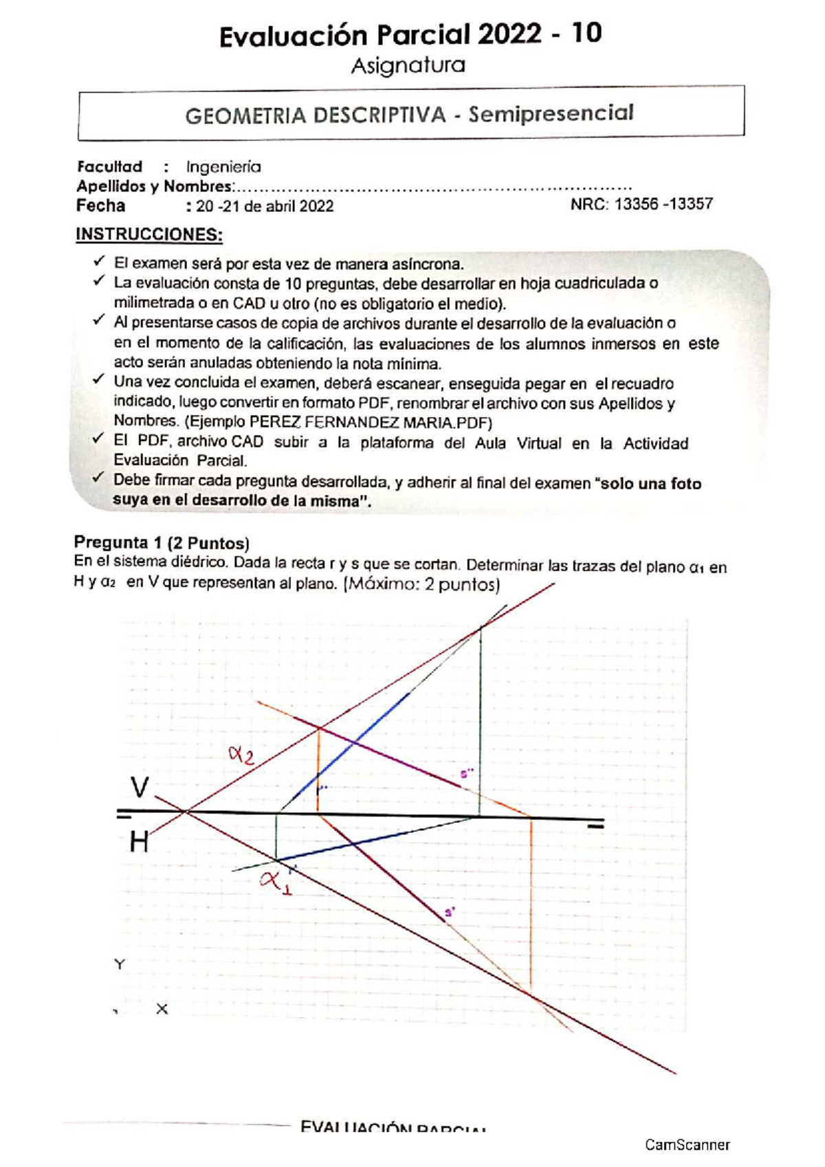 Geometria descriptiva examen parcial - Evaluación Parcial 2022 10 Asignatura GEOMETRIA ...