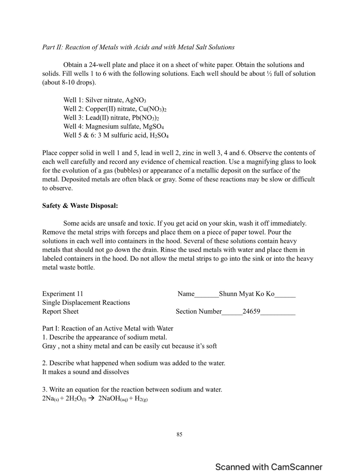 Exp 11 lab report - single placement e=reactions - Part II: Reaction of ...